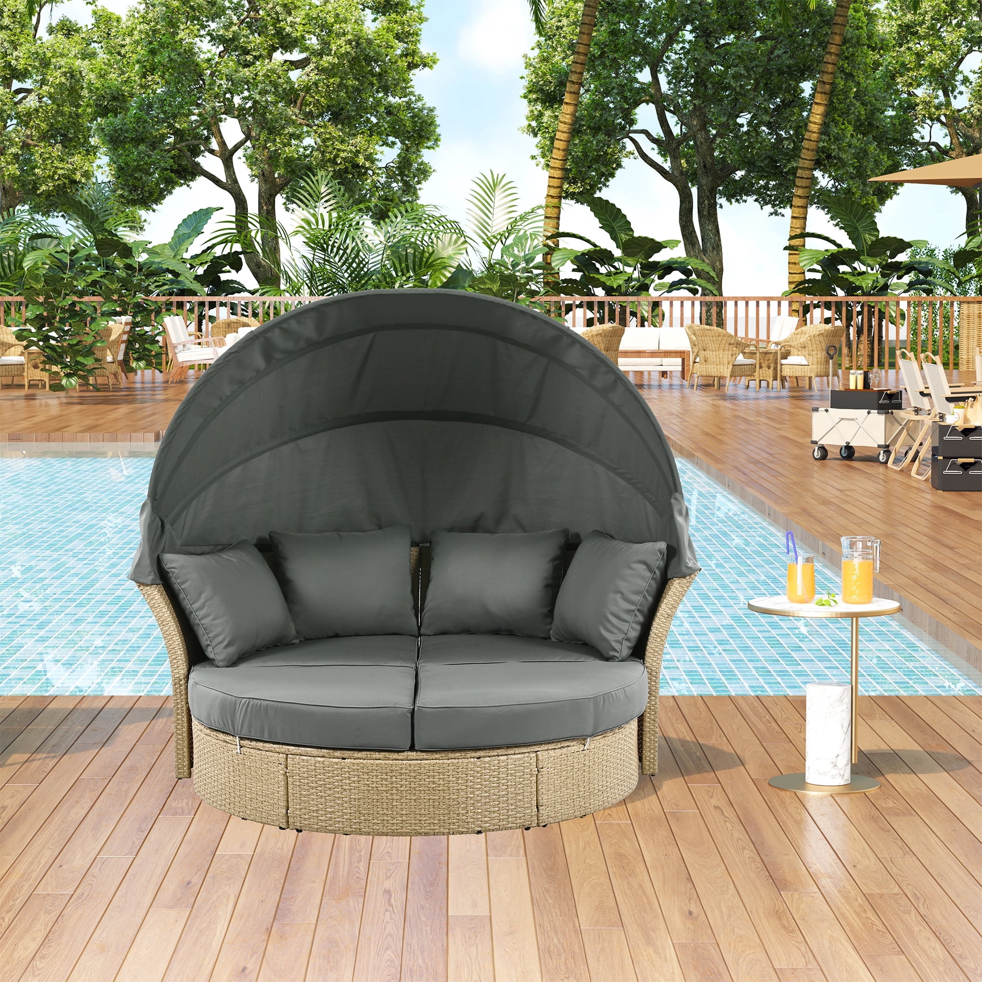 Harper & Bright Designs Outdoor Canopy Bed Patio Daybed, Wicker Rattan ...