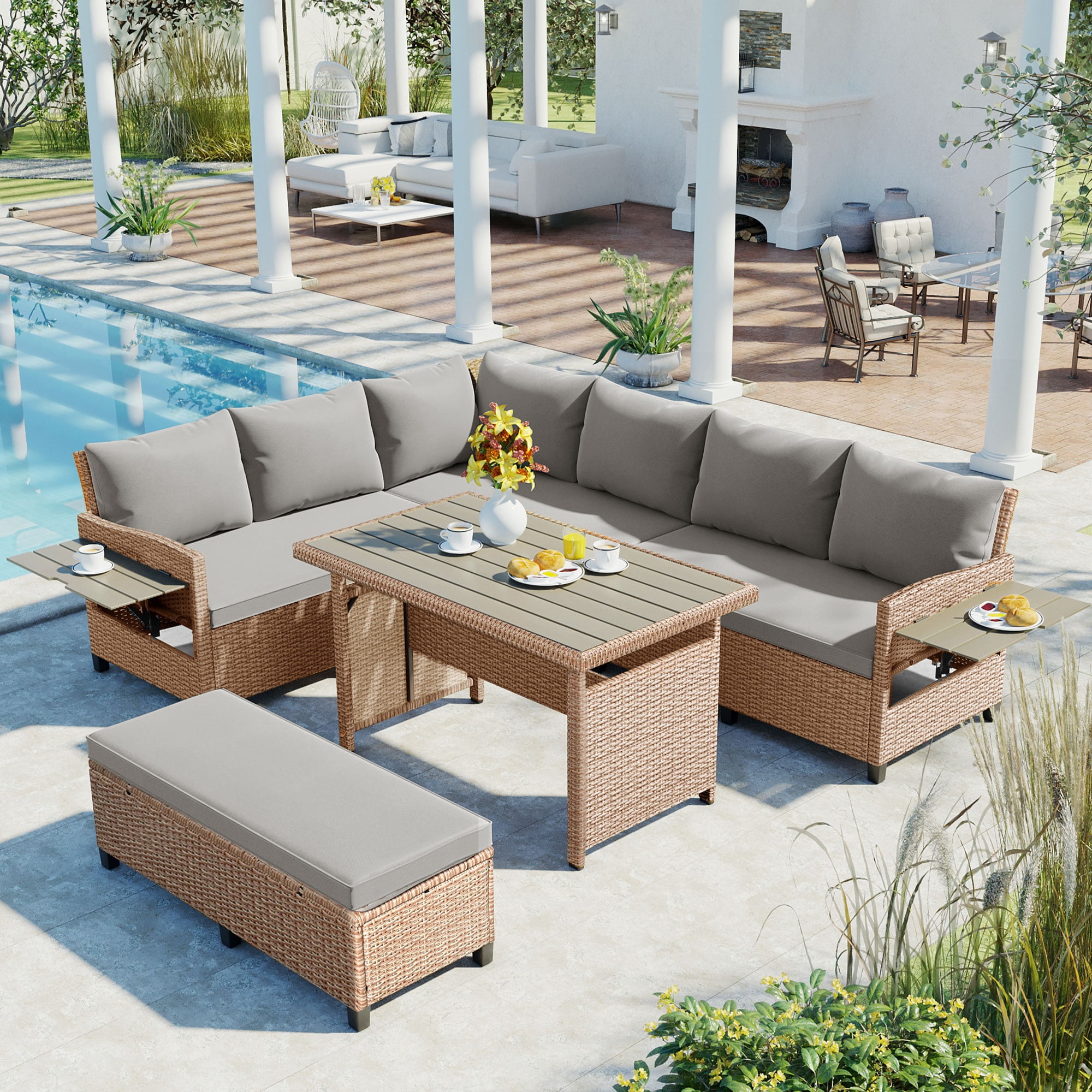 Harper & Bright Designs Outdoor Rattan Sectional Sofa Set with Dining ...