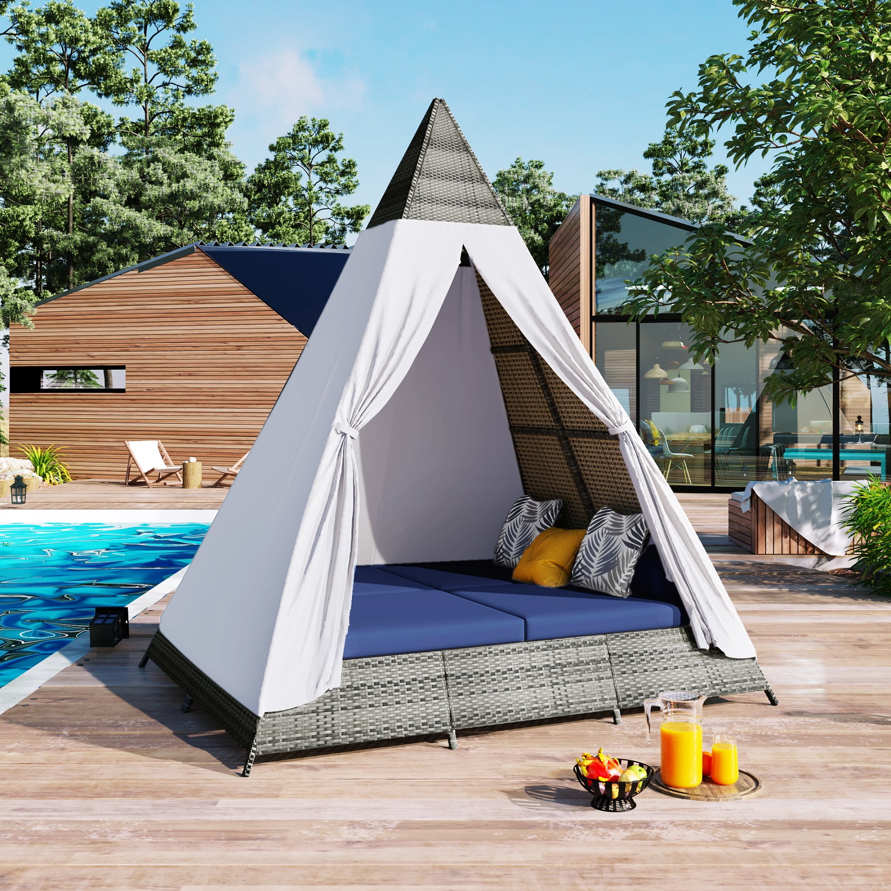 Churanty Outdoor Sunbed with Canopy,Tent Shape Wicker Patio Daybed with ...