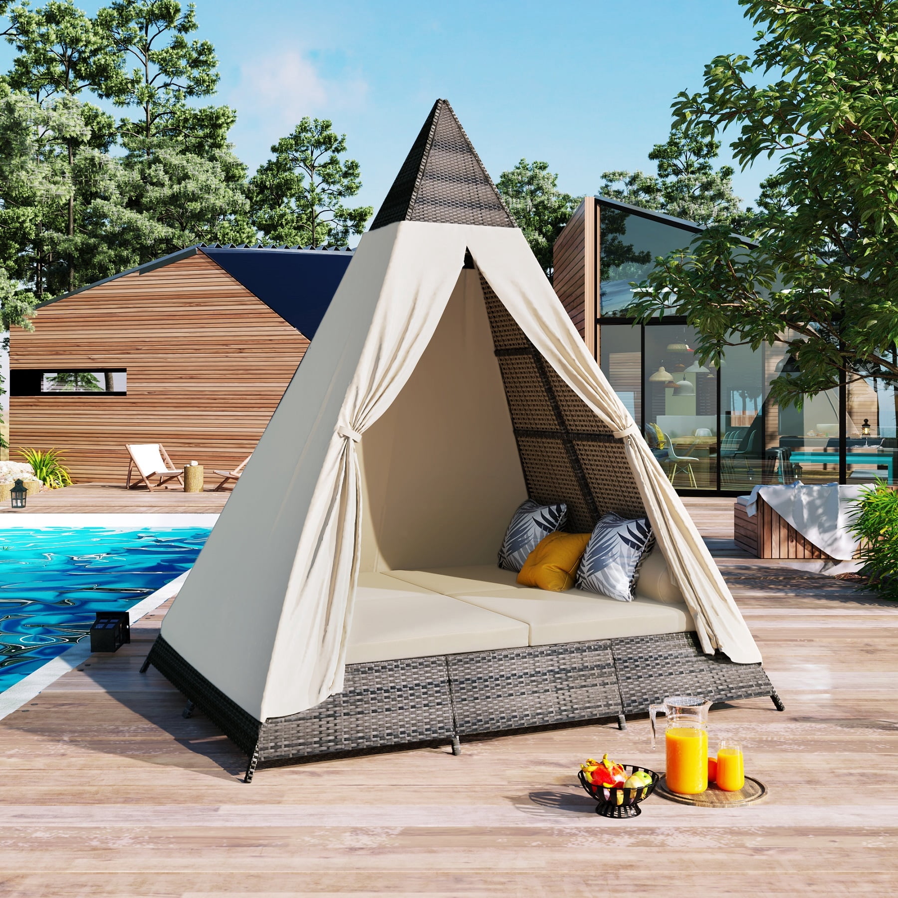 Harper & Bright Designs Outdoor Sunbed with Canopy, Tent Shape Wicker ...