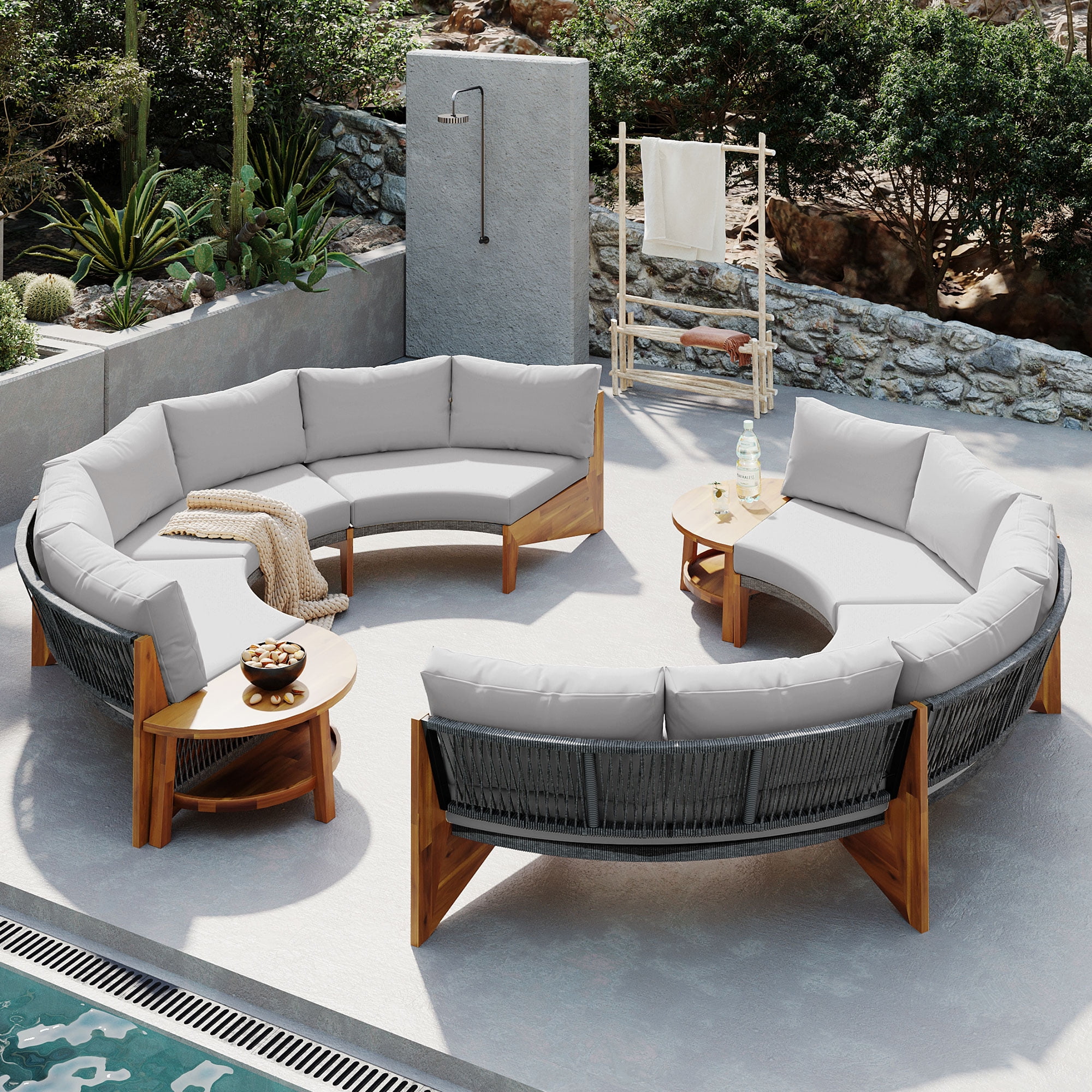Harper & Bright Designs Patio Outdoor Round Conversation Set, Wood Half Moon Outdoor Sectional ...