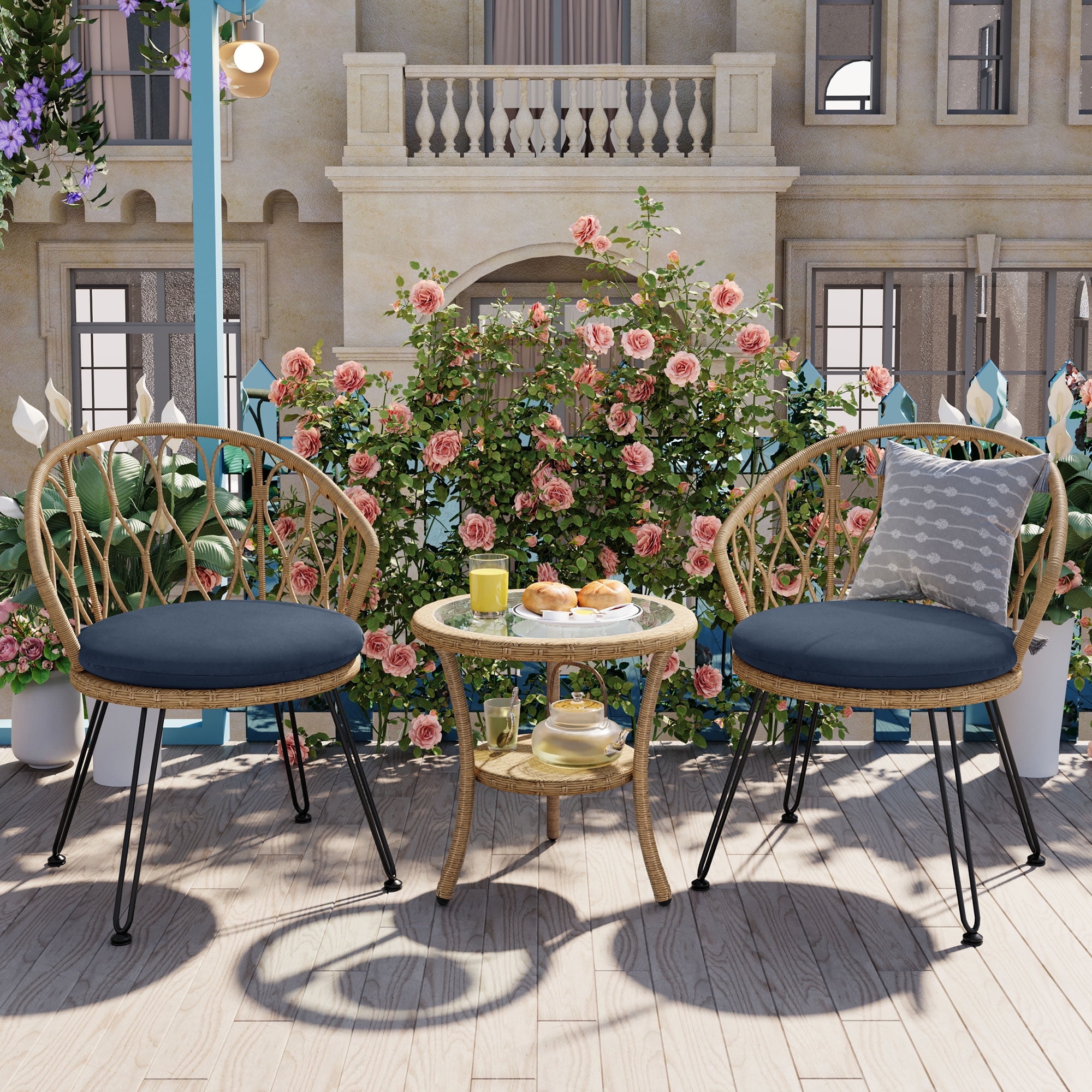 Harper & Bright Designs Patio Rattan Chair Set of 2 with Glass Table, 2 ...
