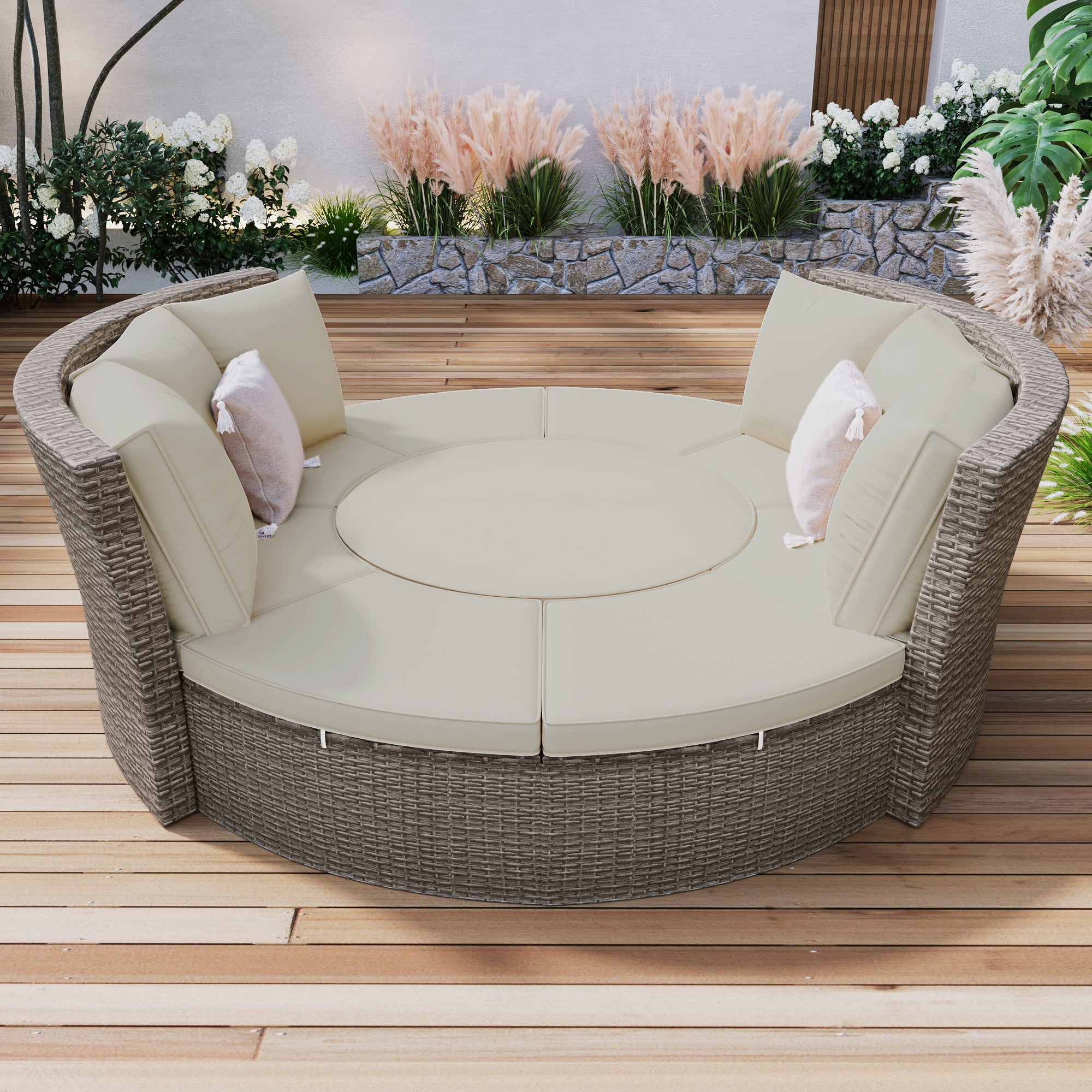 Churanty Patio Round Rattan Sectional Sofa Set,5 Piece All Weather PE Wicker Sunbed Daybed with ...