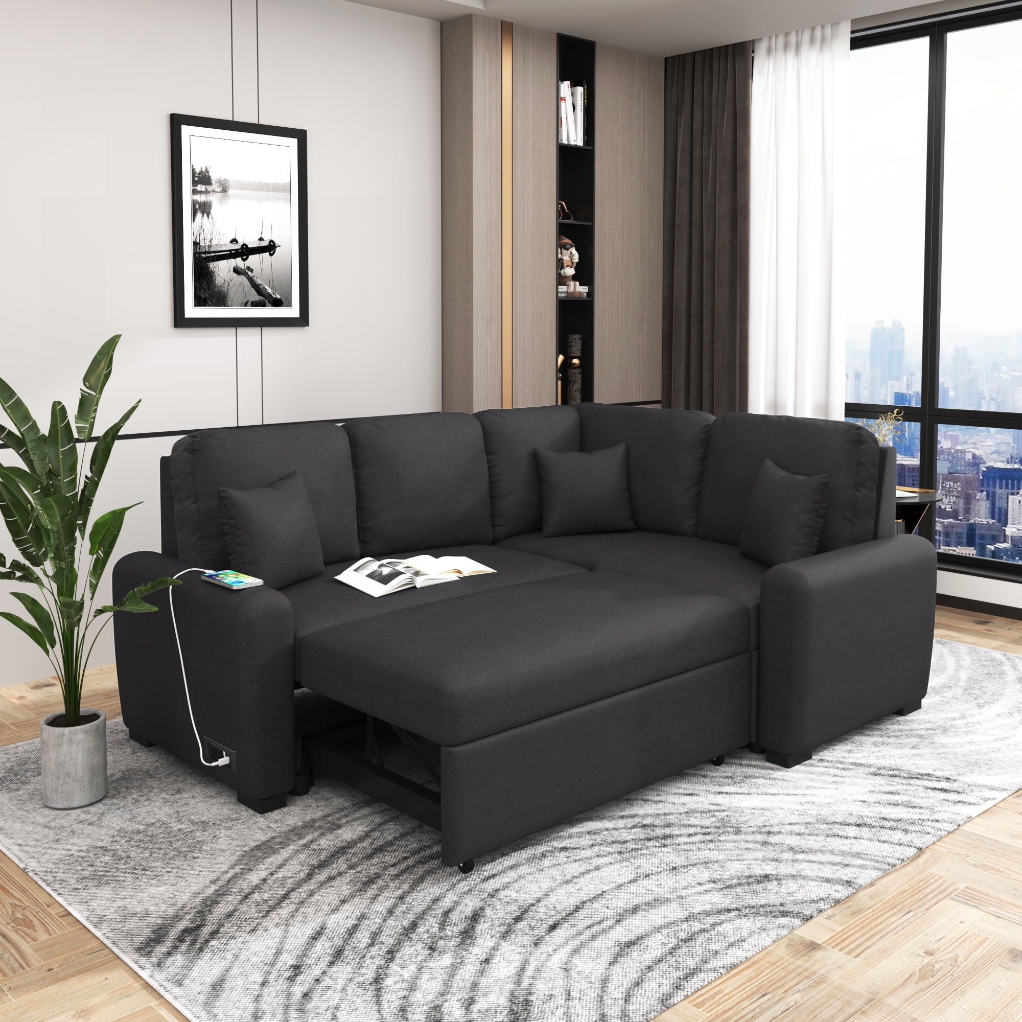 Churanty Pull Out Sofa Bed Reversible Sectional Sofa,L Shaped Chaise ...