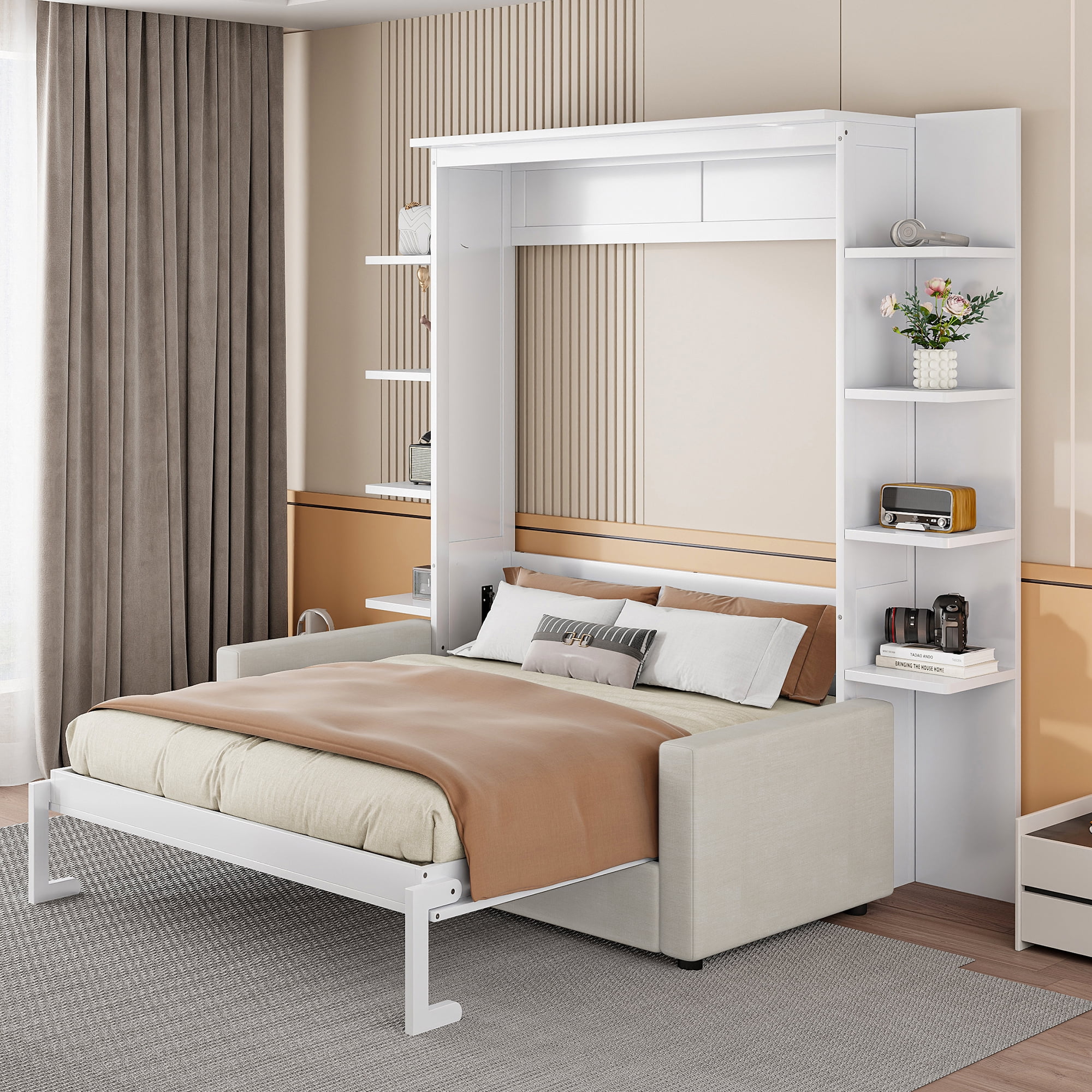 Churanty Queen Murphy Bed with Couch, Wood Murphy Bed Cabinet with Sofa ...