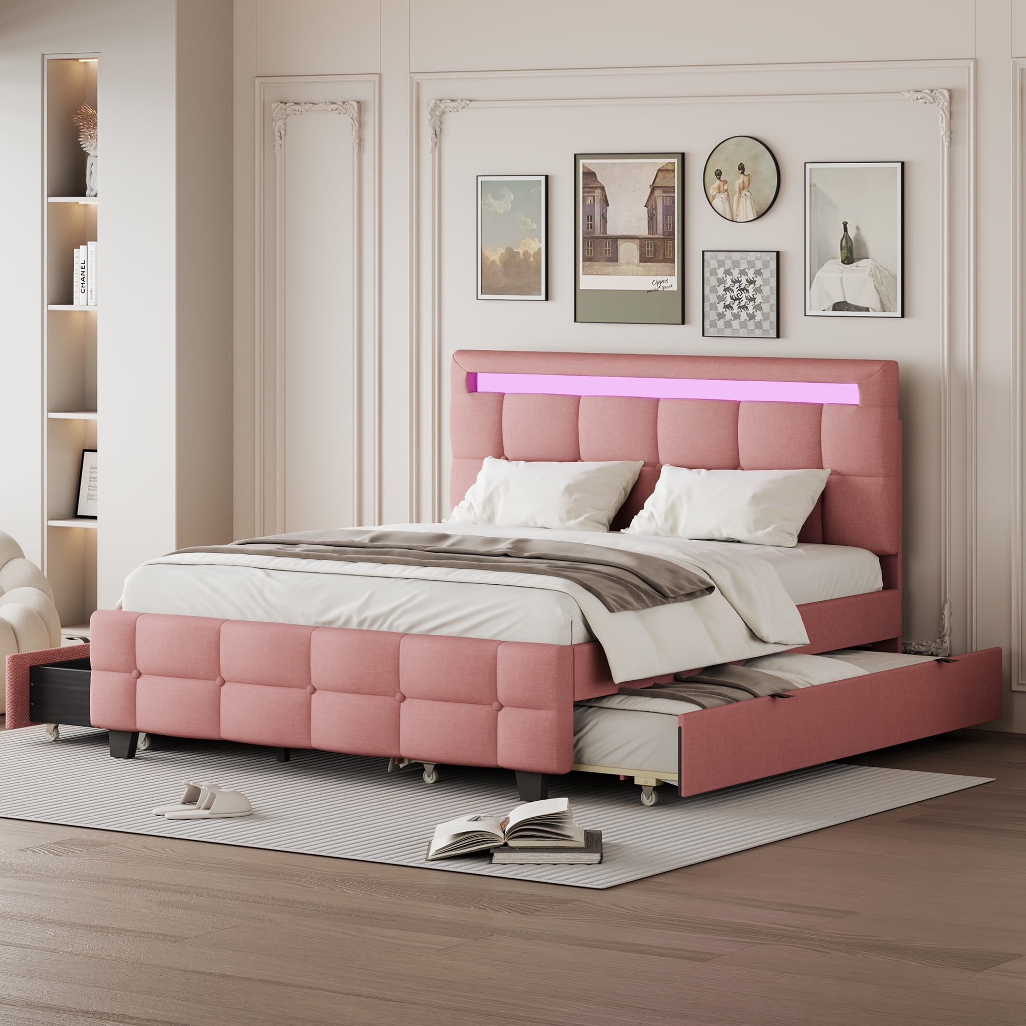 Churanty Queen Platform Bed with Twin XL Trundle and 2 Drawers ...