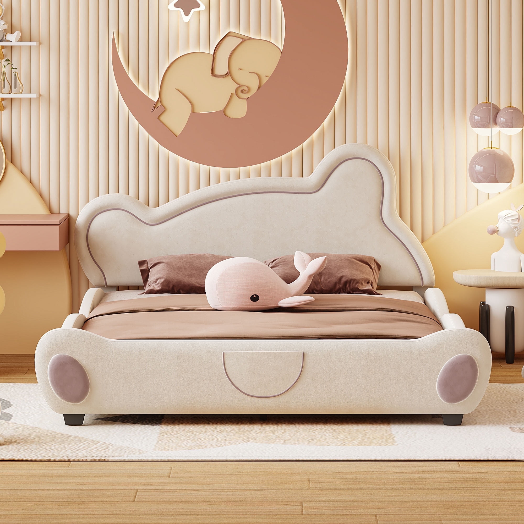 Churanty Queen Size Kids Velvet Upholstered Platform Bed with Bear ...