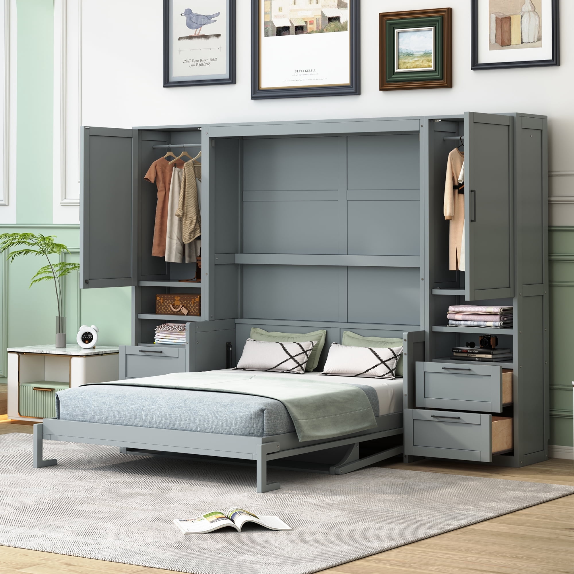 Harper & Bright Designs Queen Size Murphy Bed Wall Bed with 2 Side ...
