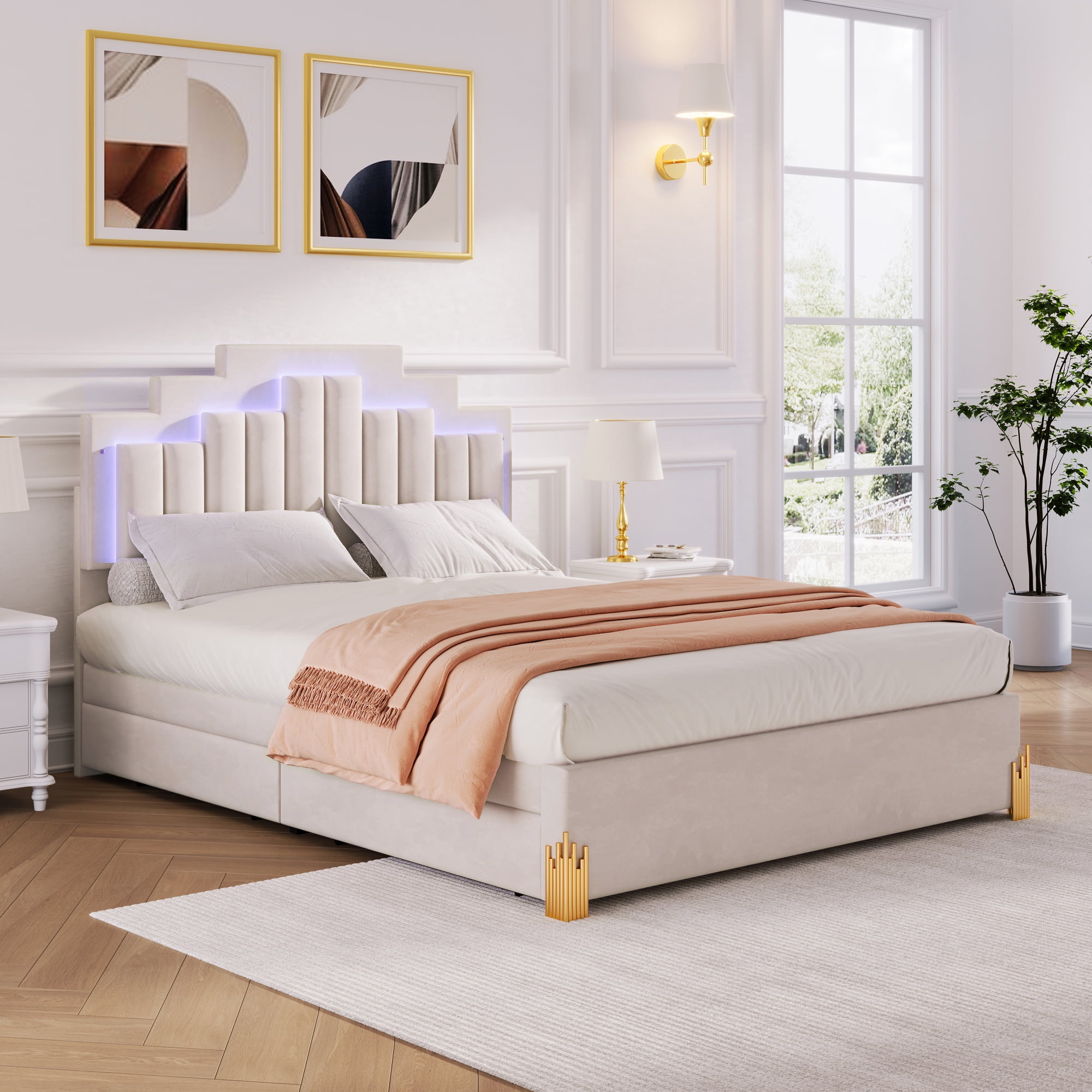 Churanty Queen Size Upholstered Platform Bed with LED Lights and 4 ...