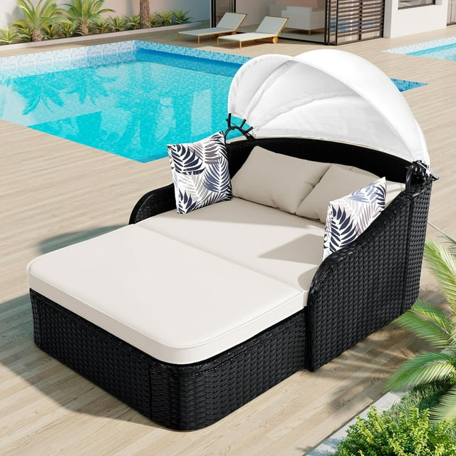 Harper & Bright Designs Rattan Outdoor Double Lounge Chaise 2-Person PE ...