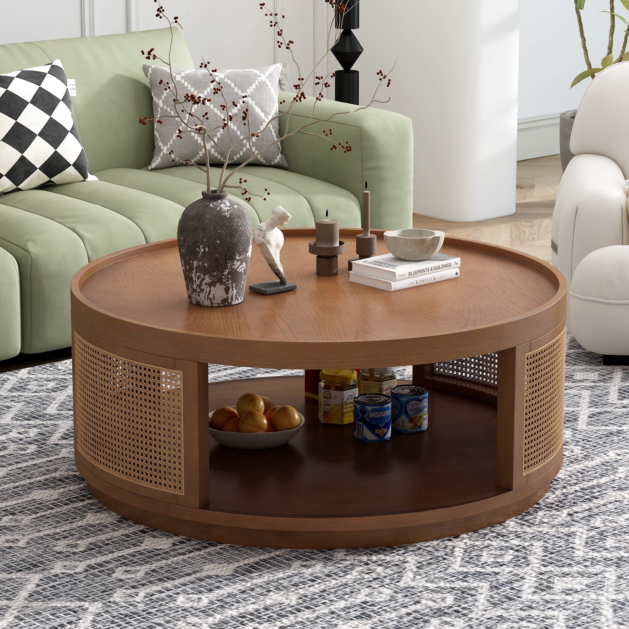 Harper & Bright Designs Rattan Round Coffee Table with Storage Shelf ...