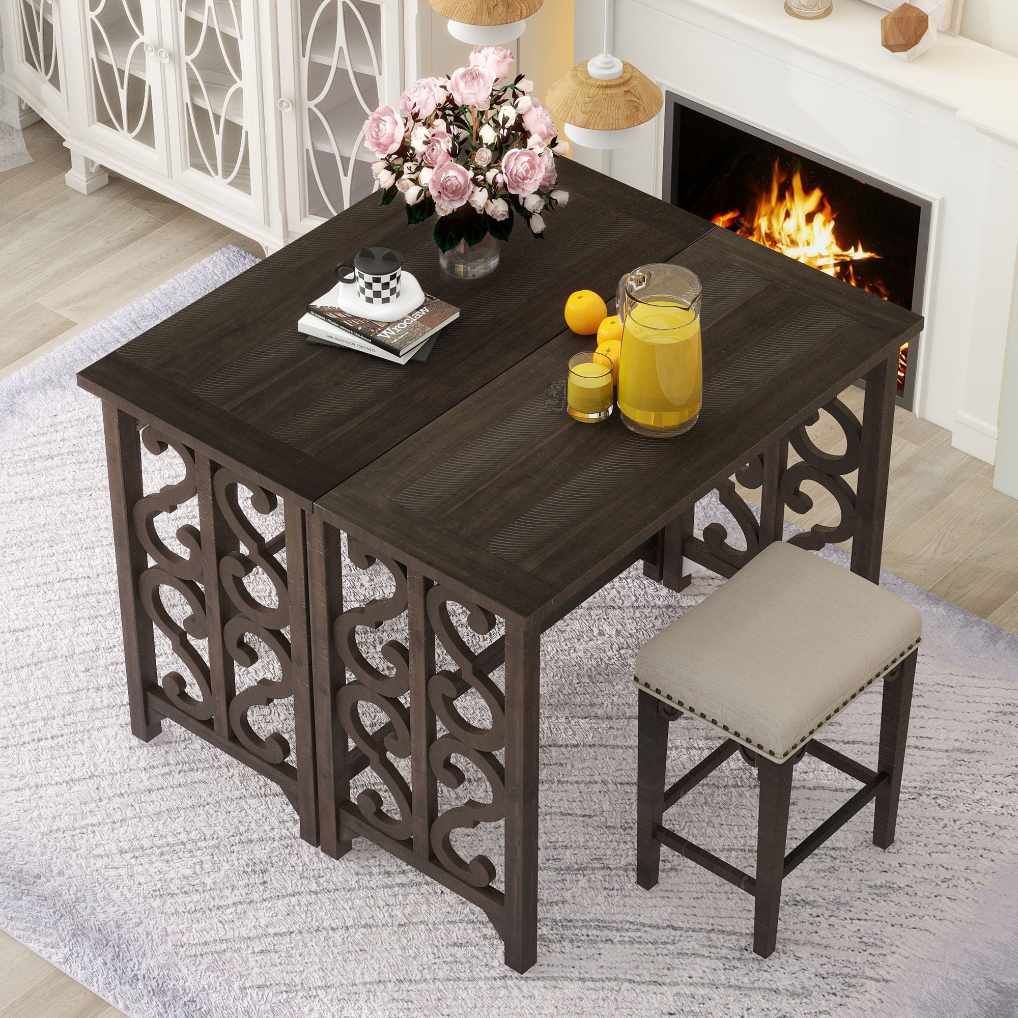 Churanty Retro 3 Piece Dining Table Set, Solid Wood Counter Height Pub ...