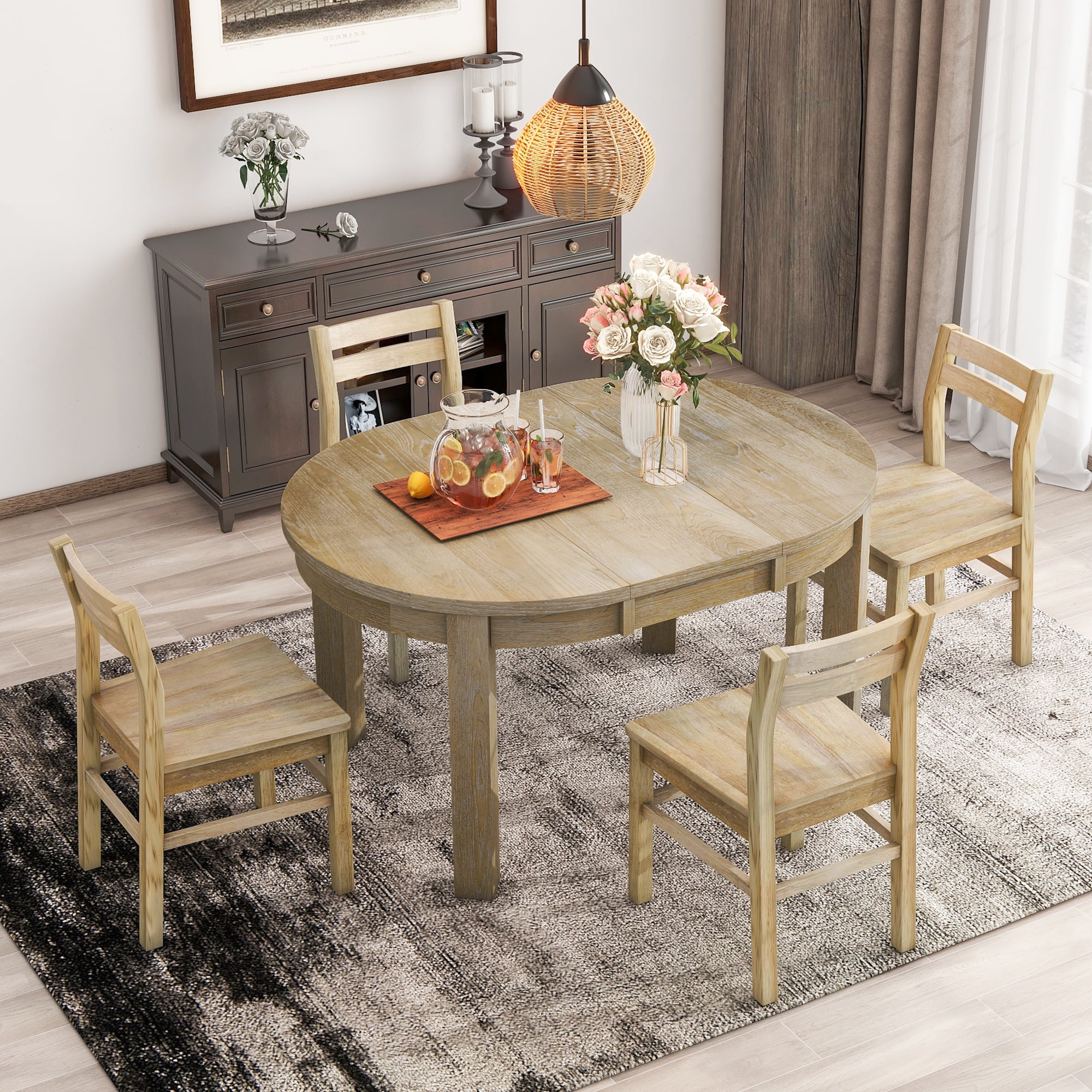 Churanty Round Extendable Dining Table Set Solid Wood Farmhouse 5 Piece ...