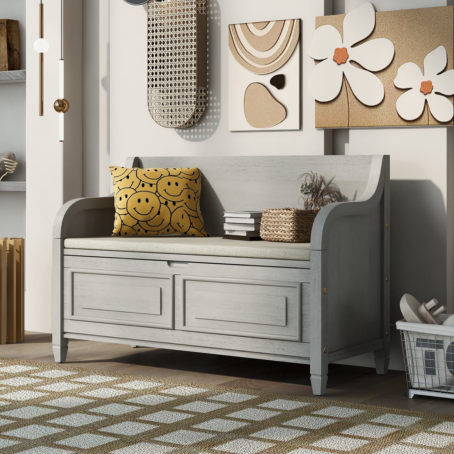 Churanty Rustic Pine Wood Entryway Storage Bench with Removable Cushion ...