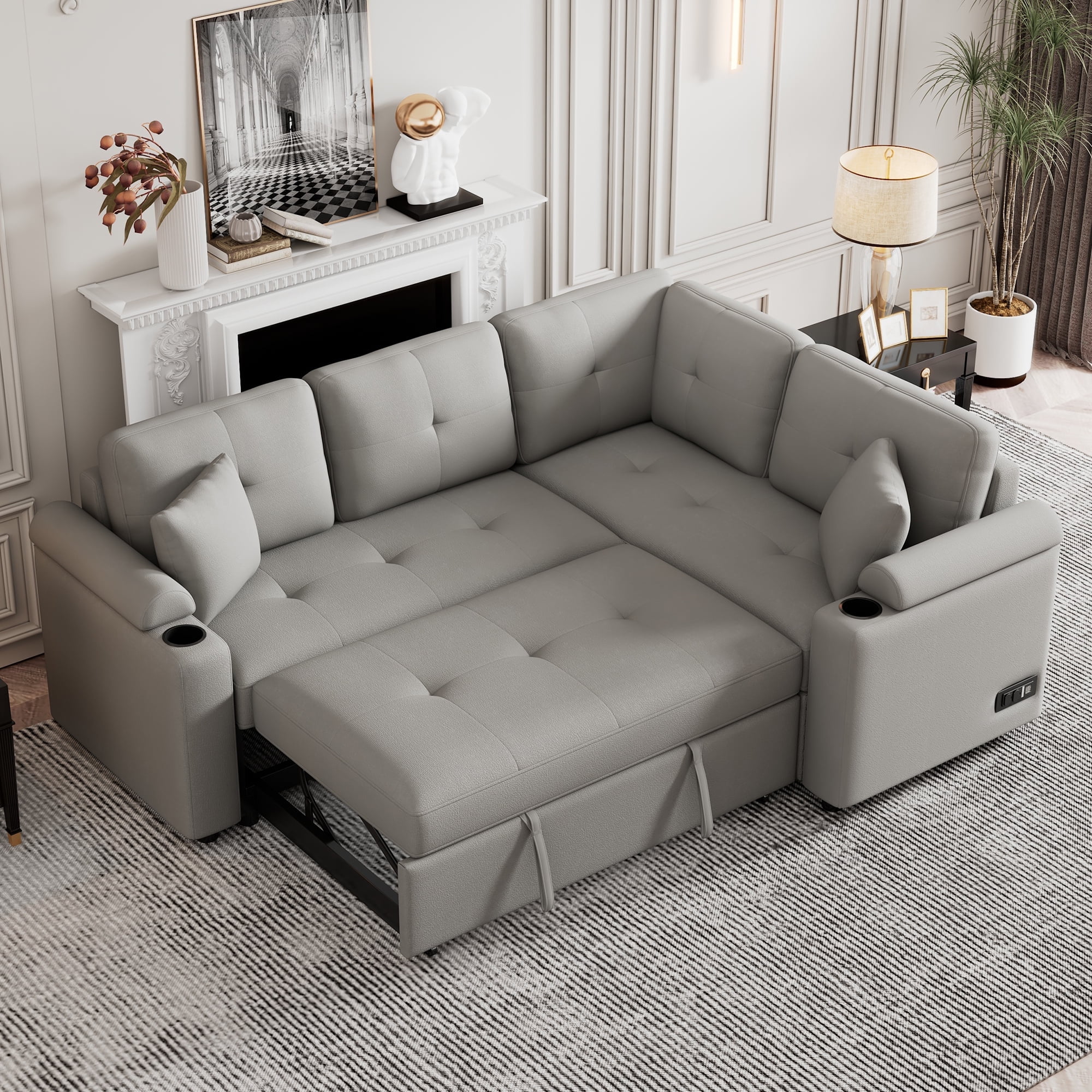 Harper & Bright Designs Sectional Sofa with Pull-Out Sofa Bed, Boucle L ...