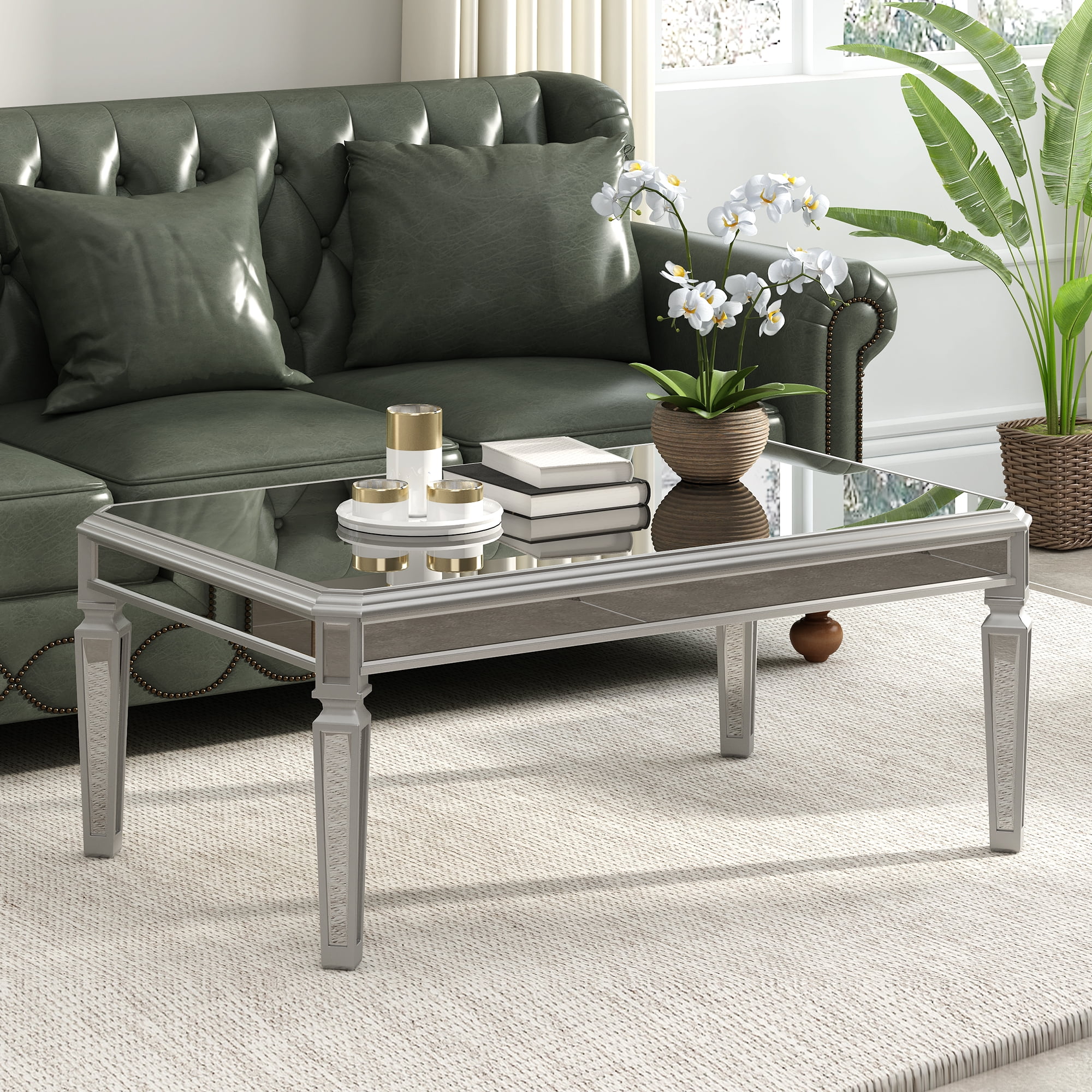 Churanty Sleek Glass Mirrored Coffee Table with Adjustable Legs, Easy ...