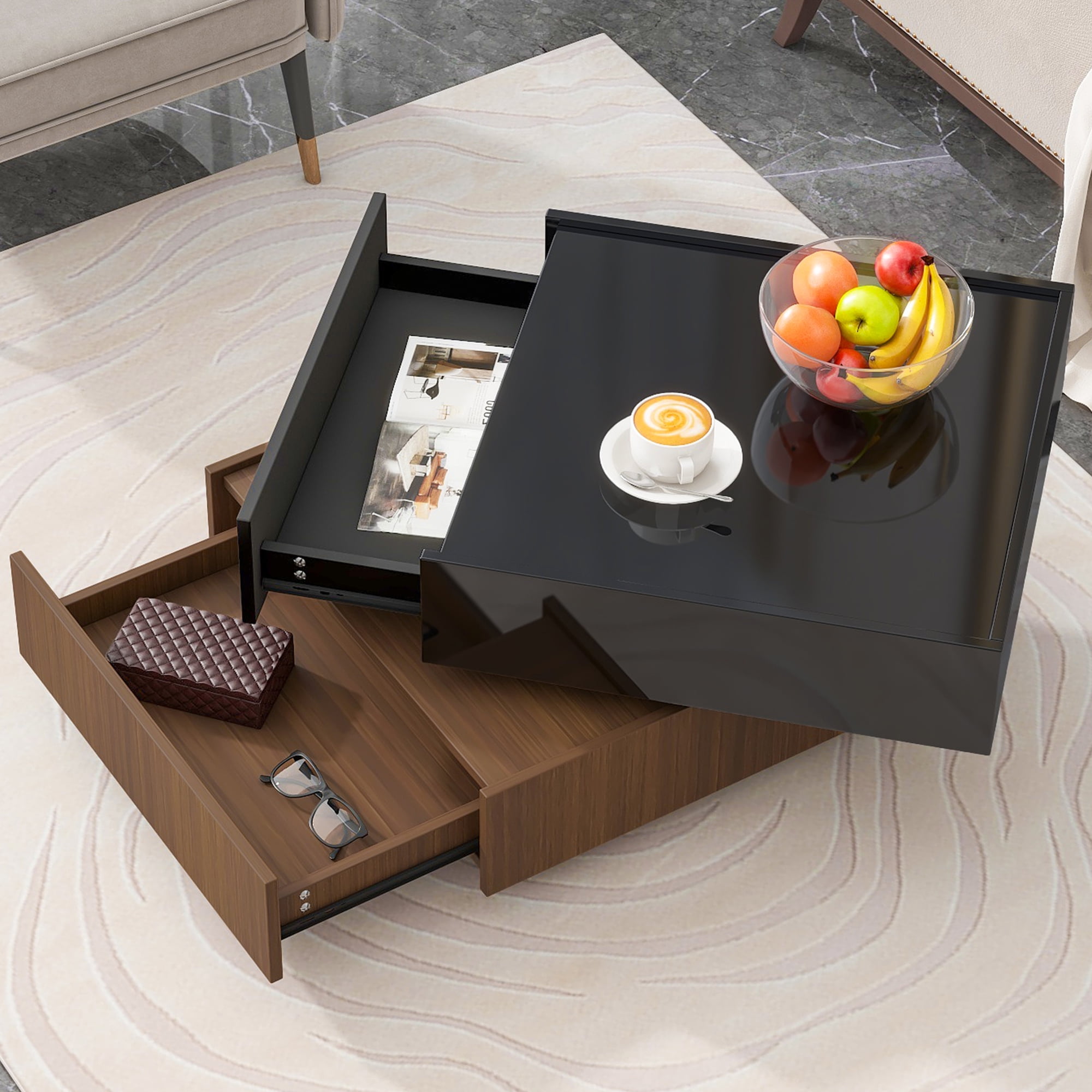 Harper & Bright Designs Square Rotating Coffee Table with 2 Drawers ...