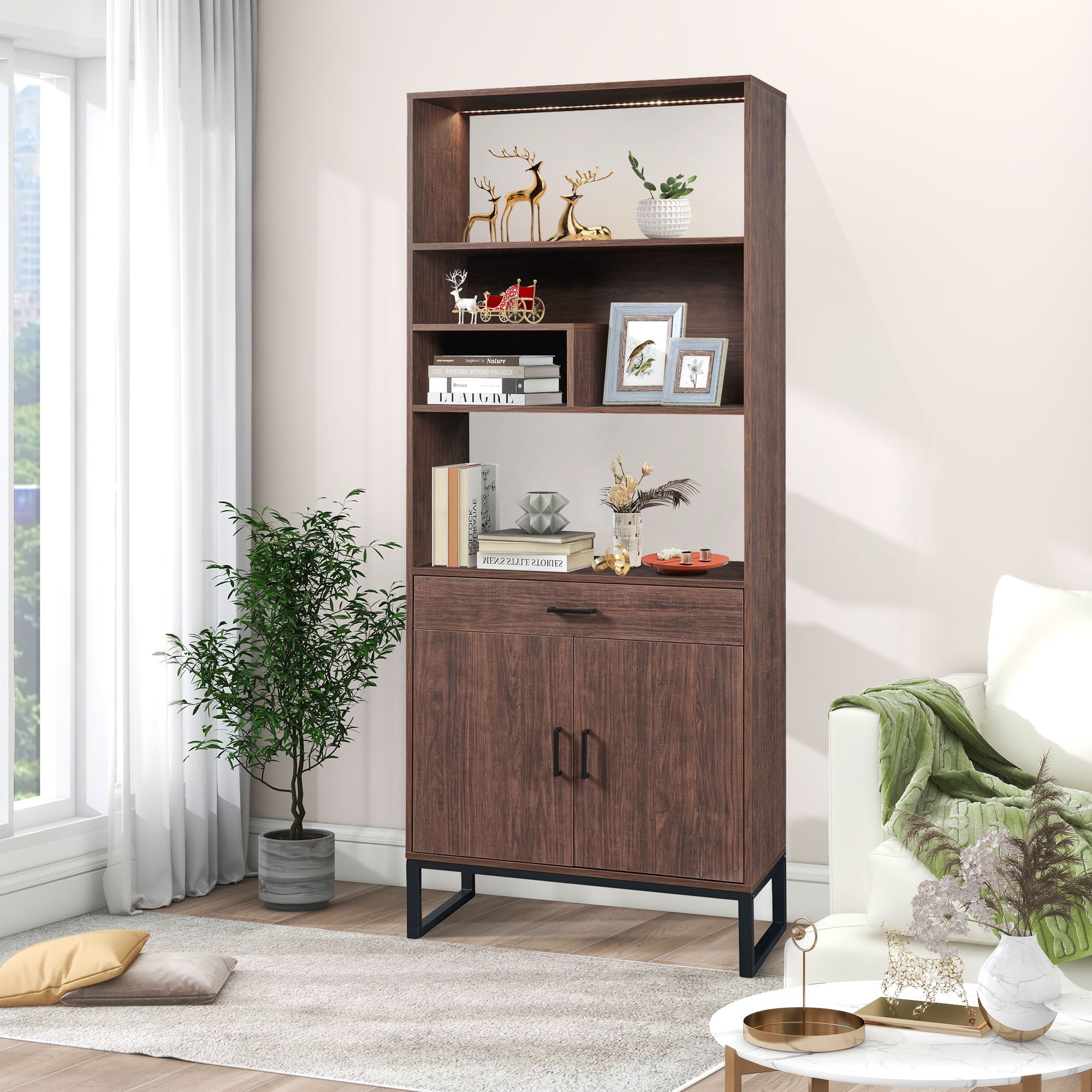 Churanty Tall Open Bookshelf Bookcase with Storage Drawer,Wooden Free ...