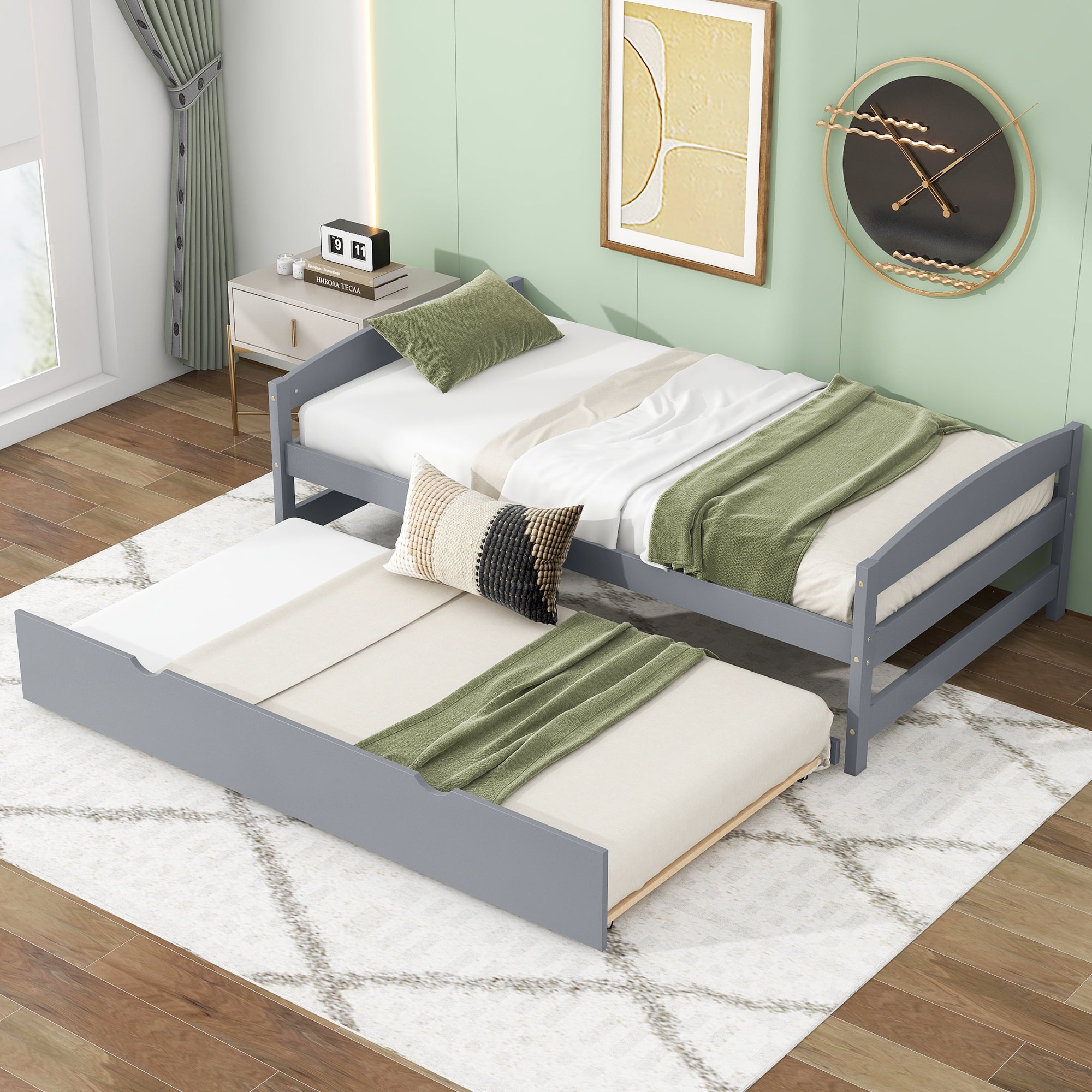 Churanty Trundle Bed Twin Wood Day Bed Frame, Twin Size Pull Out Bed ...