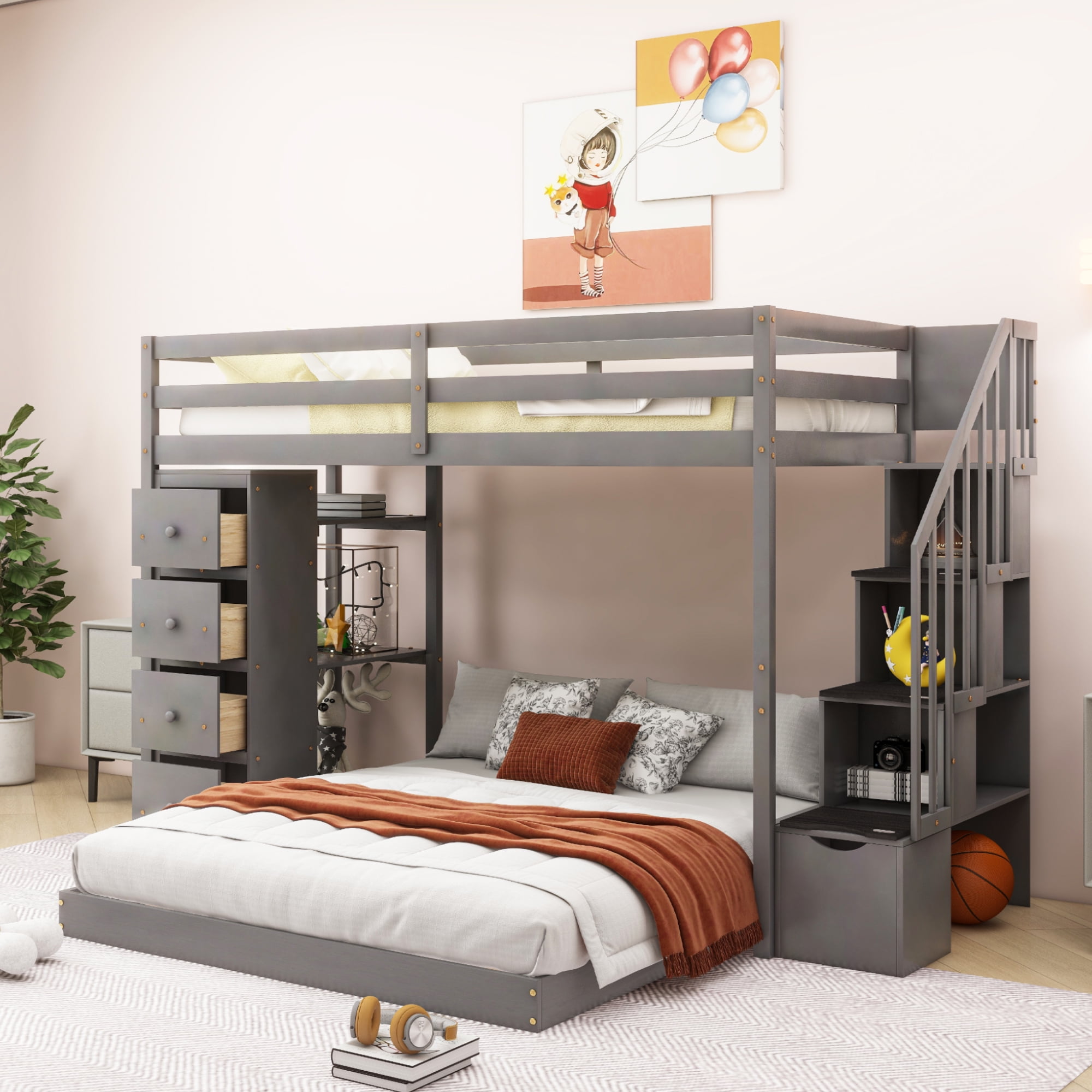 Churanty Twin Over Full Separable Bunk Beds with Storage Stairs, Wood L ...
