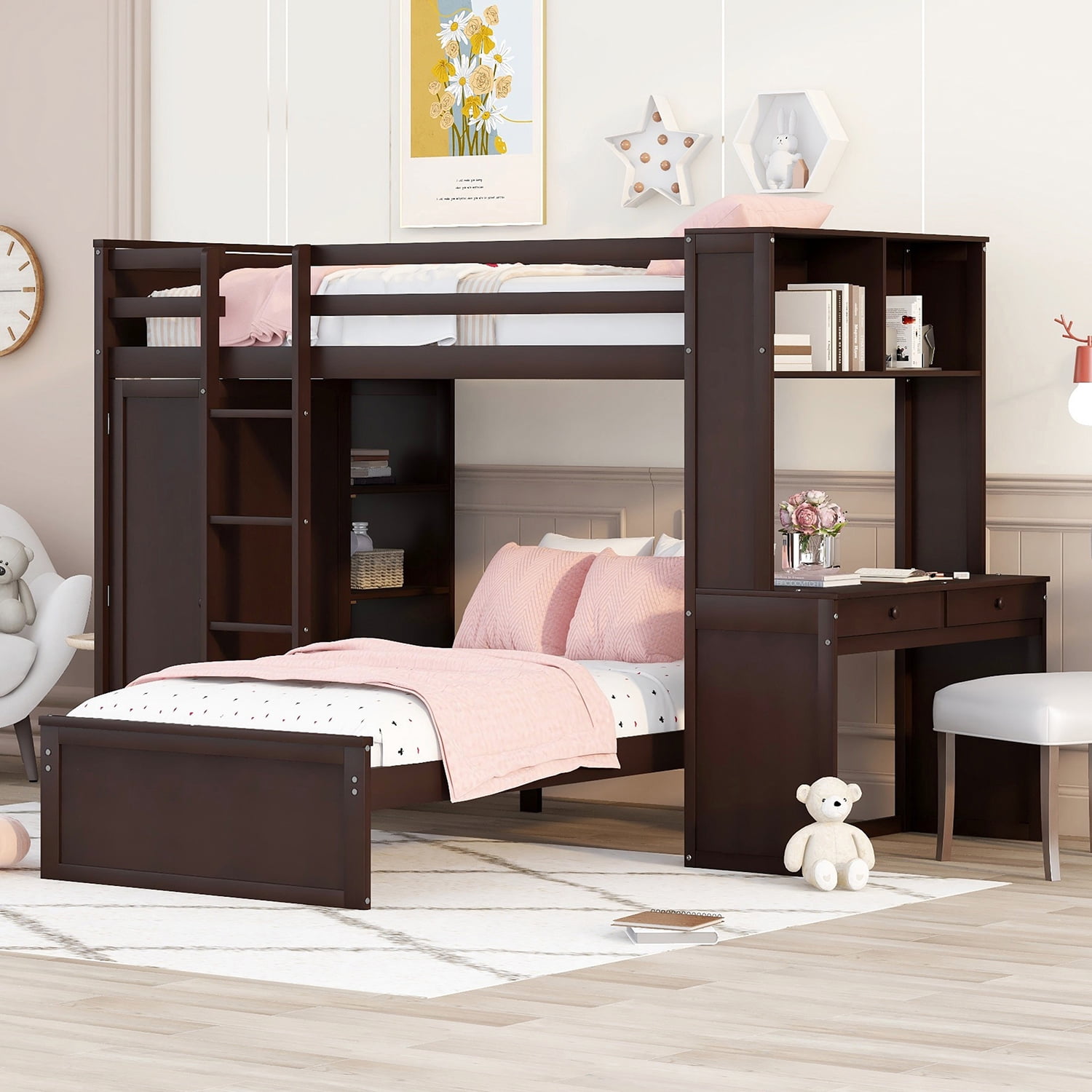 Churanty Twin Over Twin Bunk Bed with Desk,Solid Wood Bunk Bed with ...