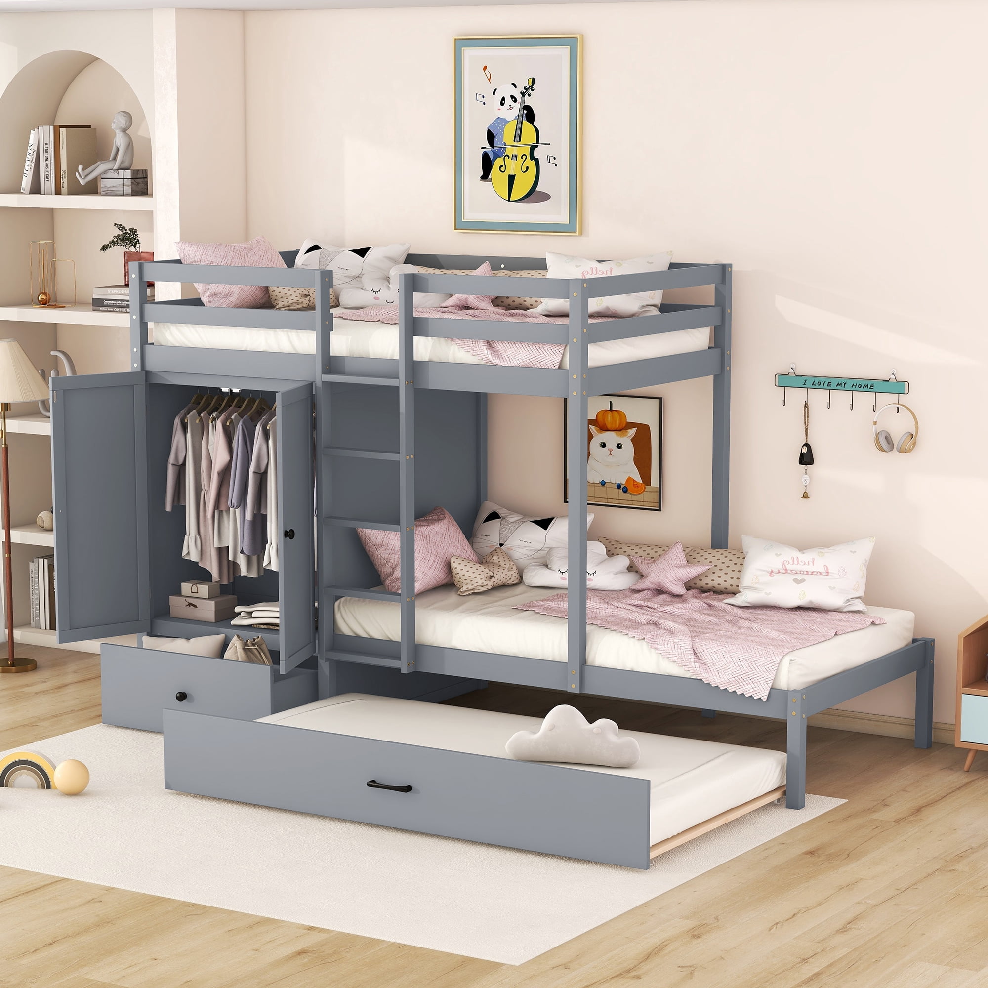 Churanty Twin Over Twin Bunk Bed with Wardrobe Space and Trundle, L ...