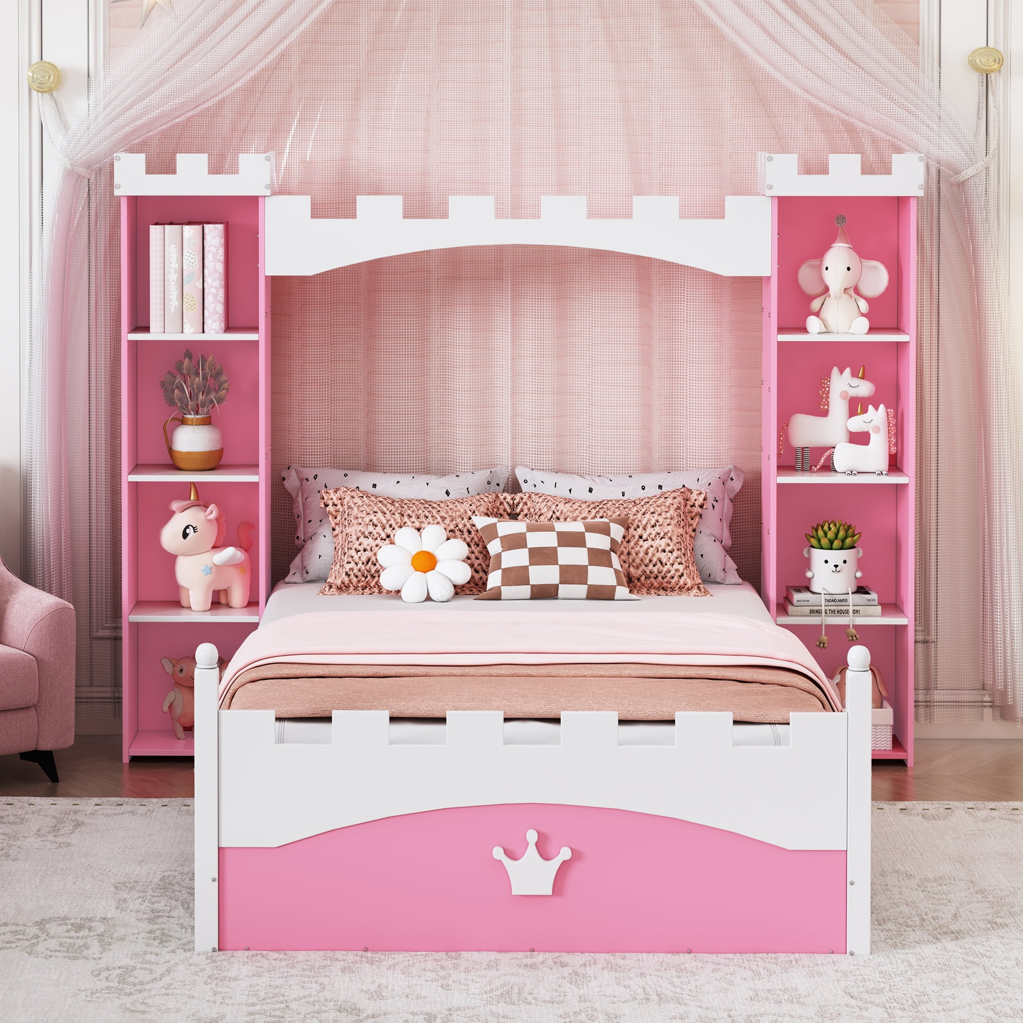 Churanty Twin Size Castle Platform Bed with Bookcase, Wooden Storage ...