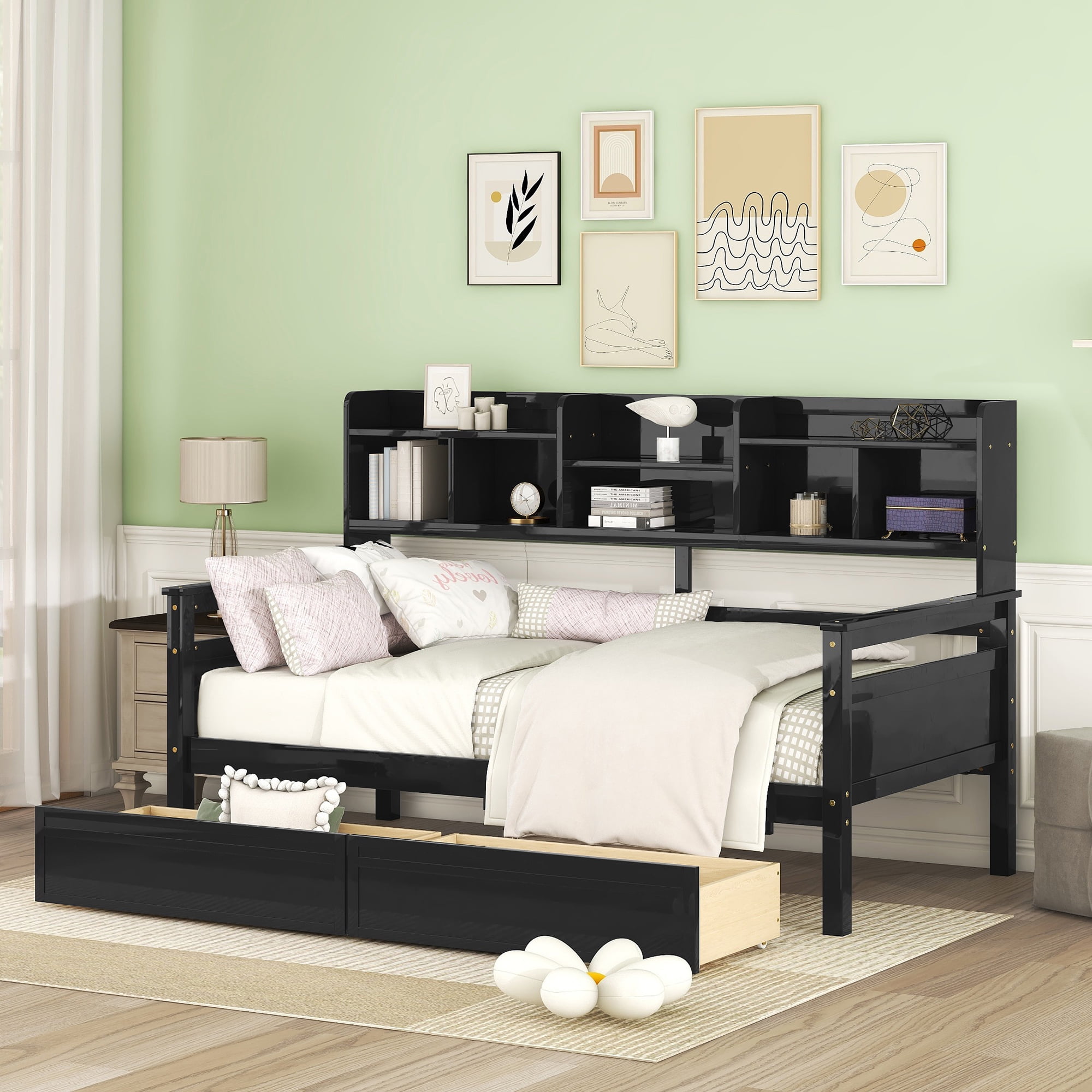 Churanty Twin Size Daybed with Bedside Shelf and Two Drawers, Wooden ...