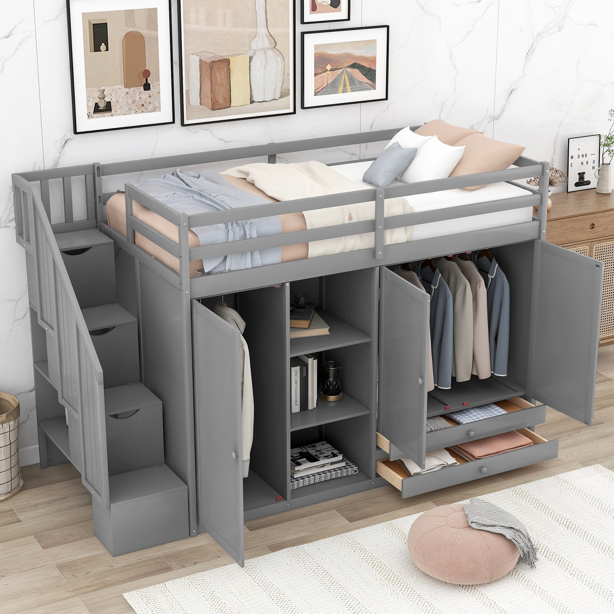 Harper & Bright Designs Twin Size Functional Loft Bed with Wardrobes ...