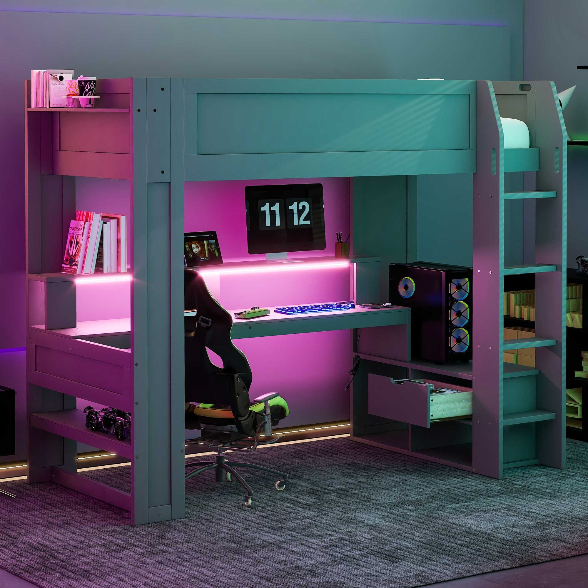 Harper & Bright Designs Twin Size Gaming Loft Bed with Desk, LED and ...