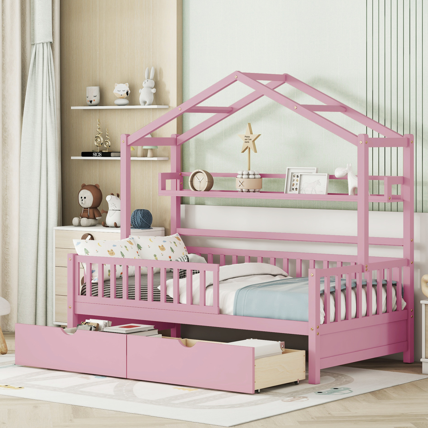 Churanty Twin Size House Bed with Drawers and Storage Shelves, Kids ...