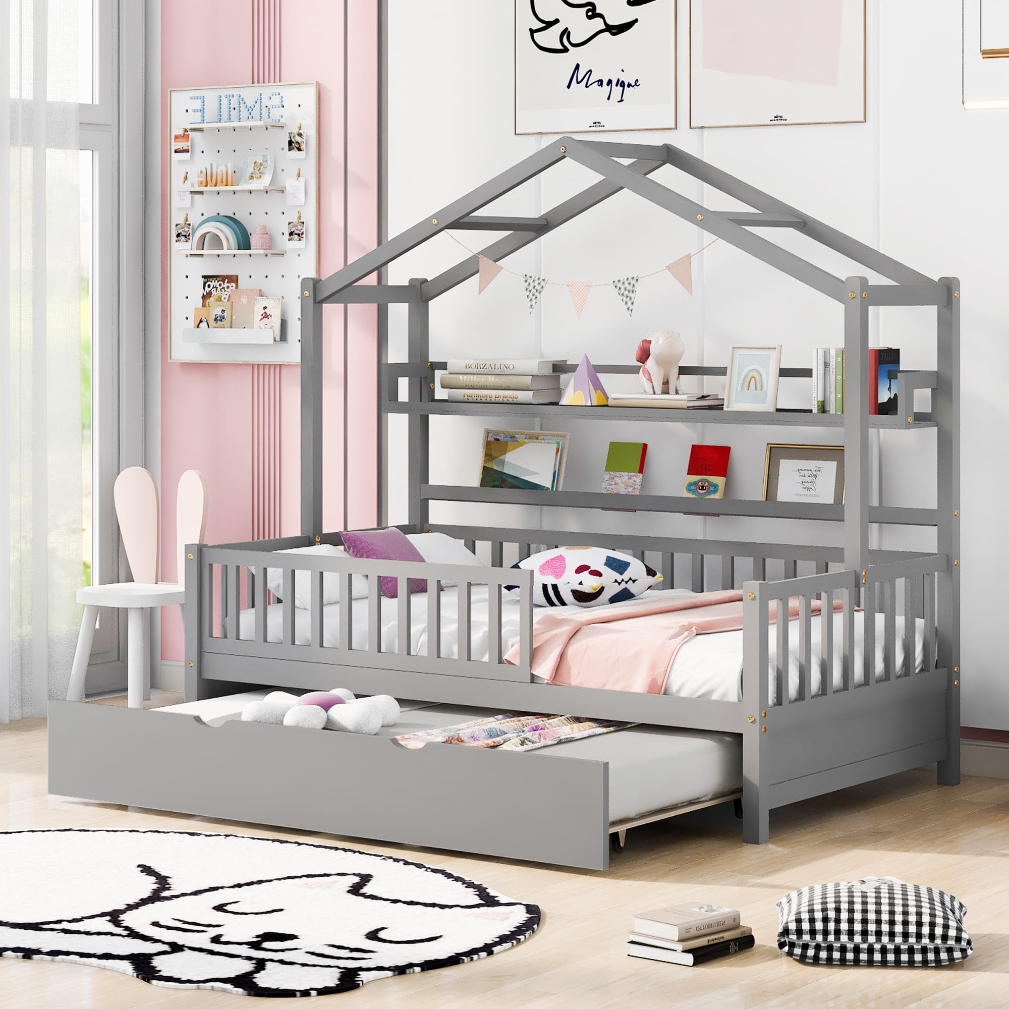 Churanty Twin Size House Bed with Trundle and Storage Shelves, Kids ...