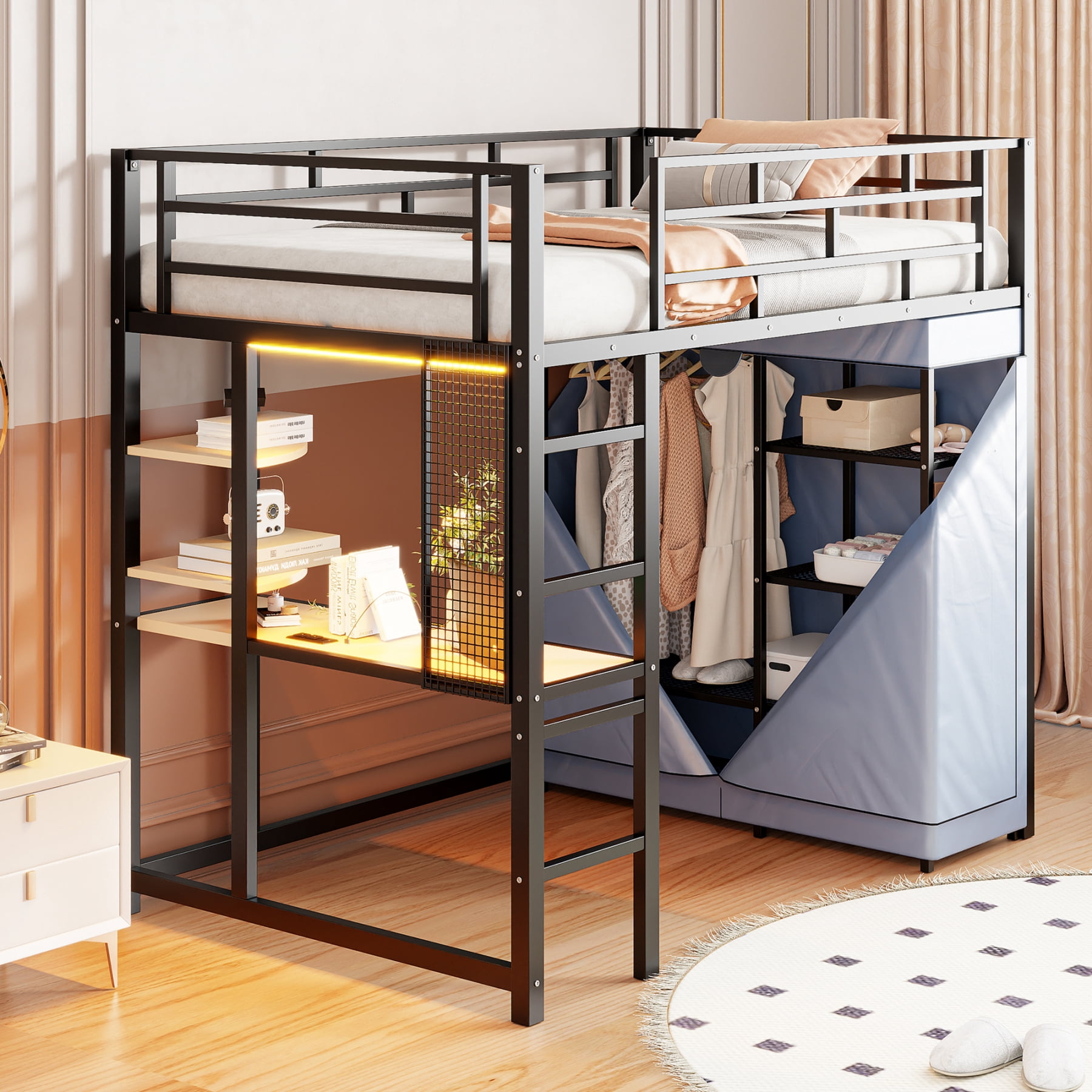 Churanty Twin Size Loft Bed with Wardrobe Under The Bed and Curtain ...