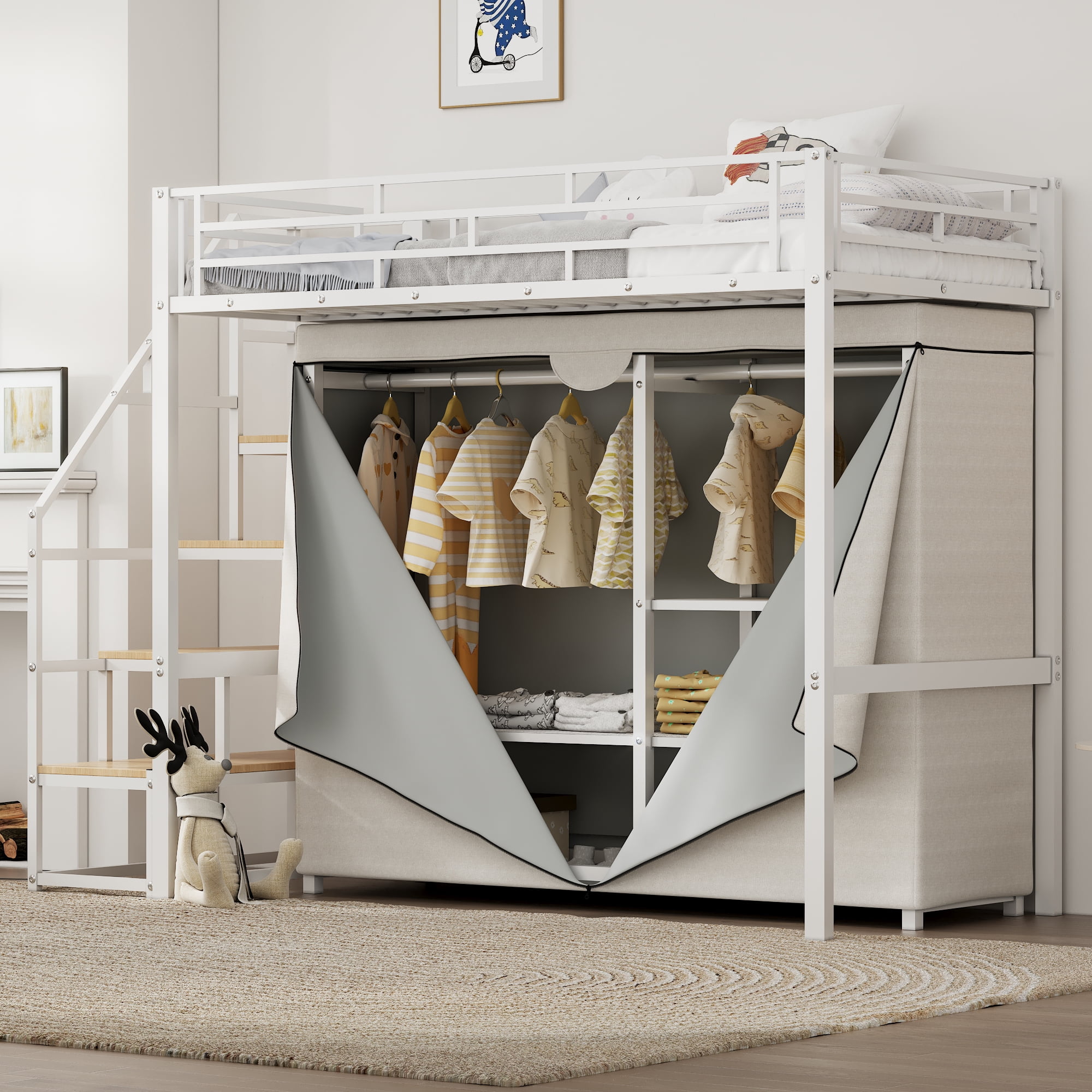 Churanty Twin Size Loft Bed with Wardrobe Under The Bed and Curtain ...