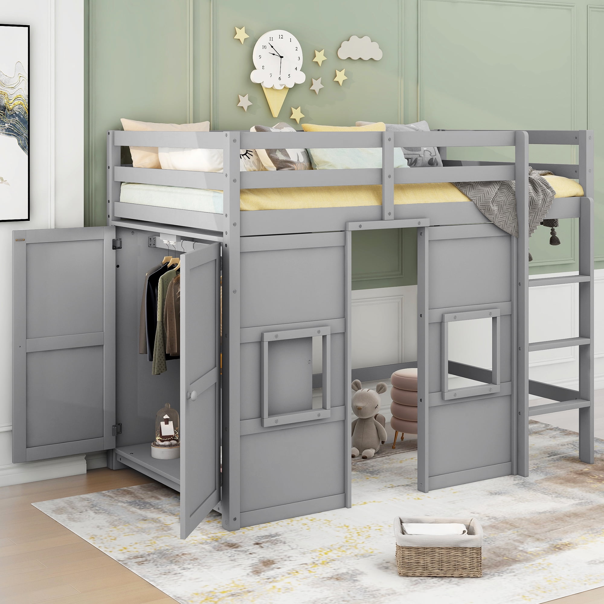 Churanty Twin Size Loft Bed with Wardrobe and Large Under Bed Space Solid Wood Loft Bed with Built in Storage Cabinet 2 Windows for Kids Teens