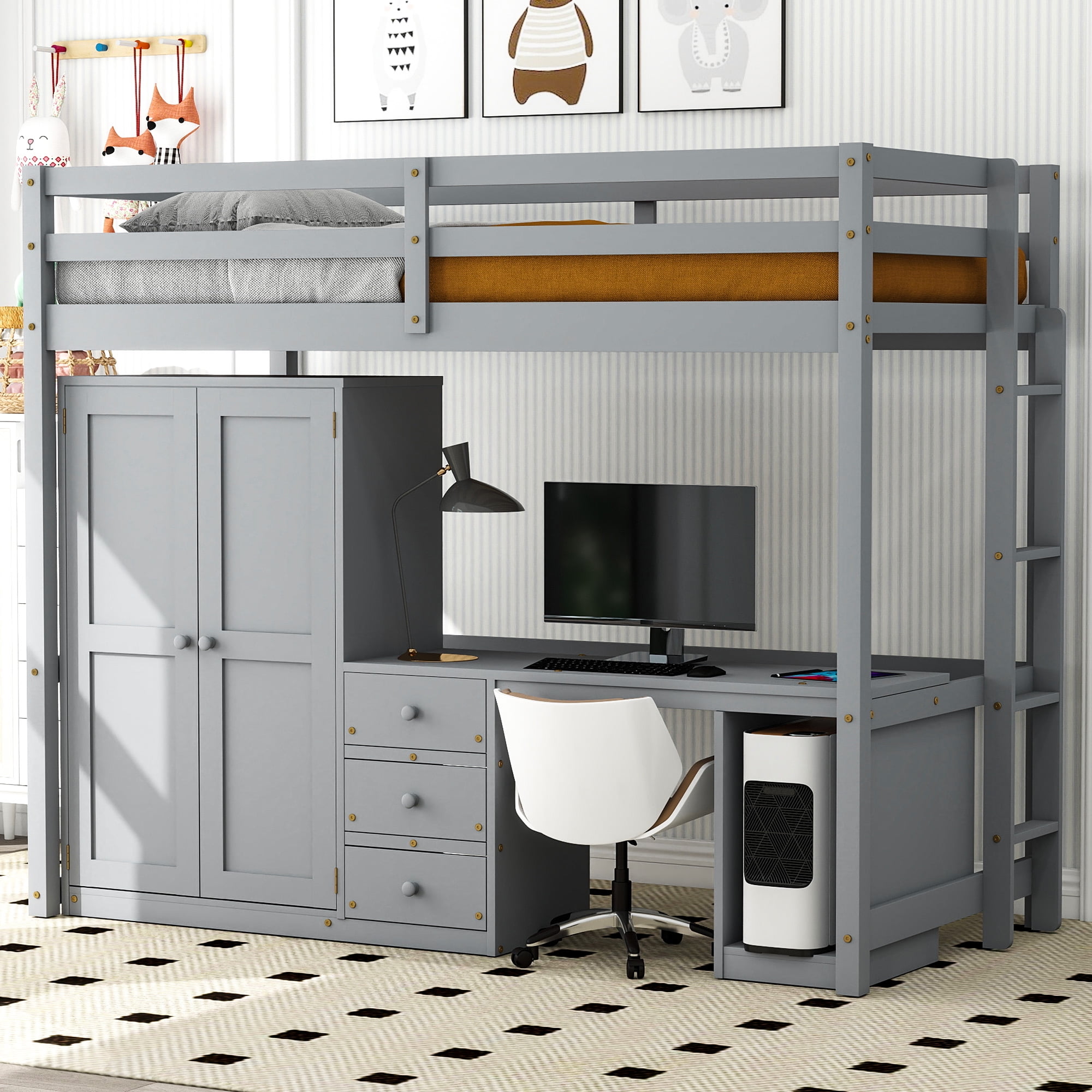Harper & Bright Designs Twin Size Loft Bed with Desk & Wardrobe, Solid ...