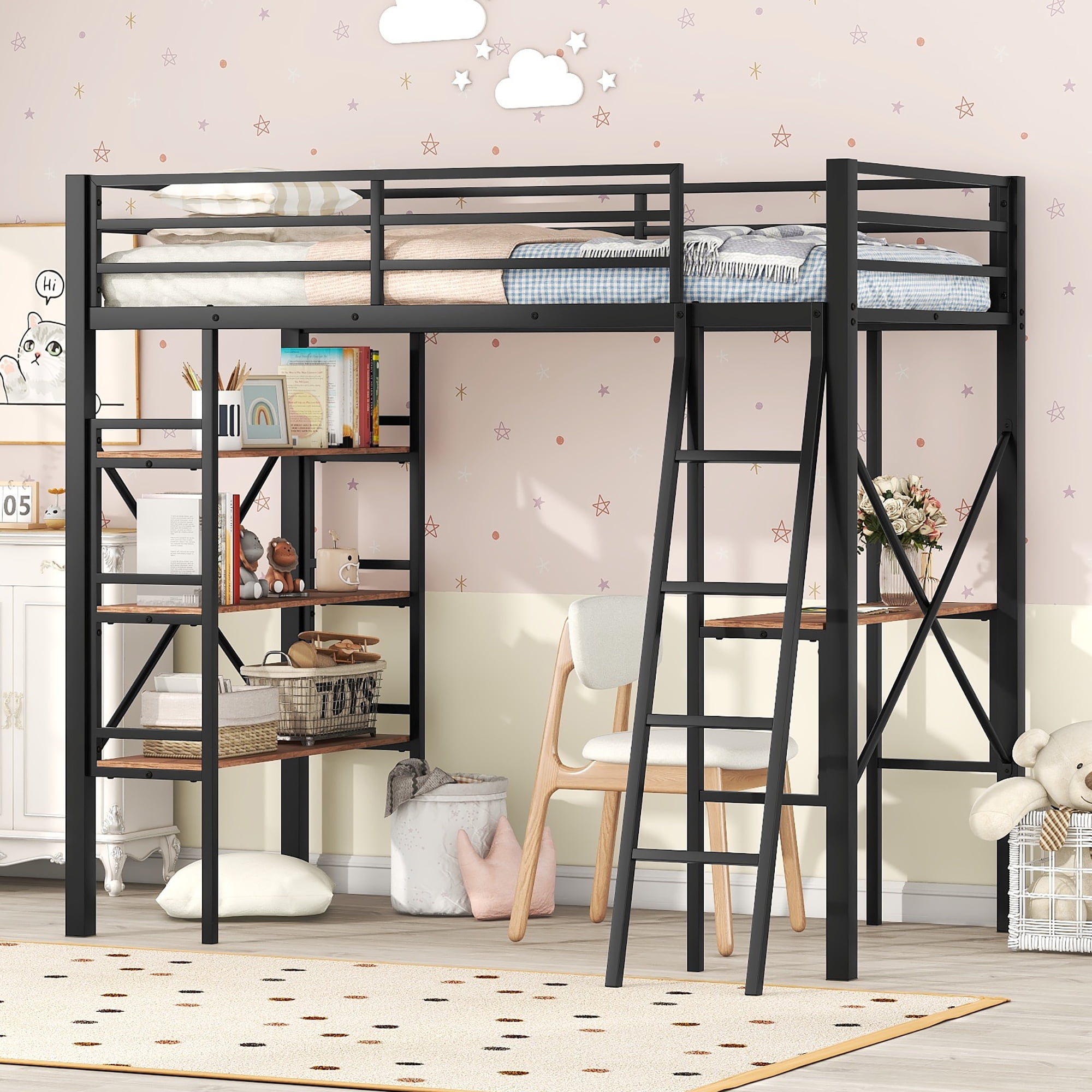 Churanty Twin Size Metal Loft Bed with 3-Tier Shelves, Heavy-Duty Steel ...