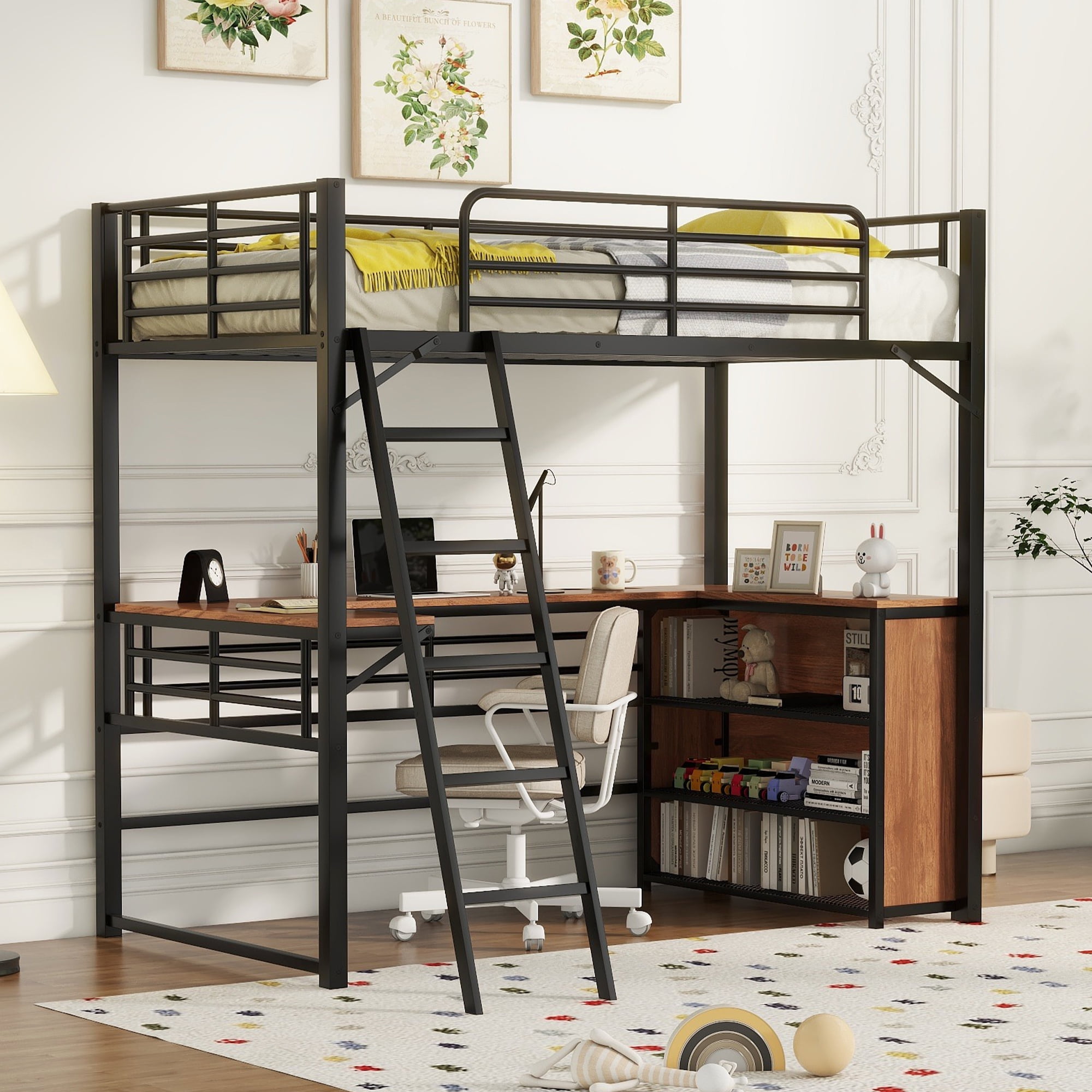 Churanty Twin Size Metal Loft Bed with Desk and Shelves for Teens,High ...