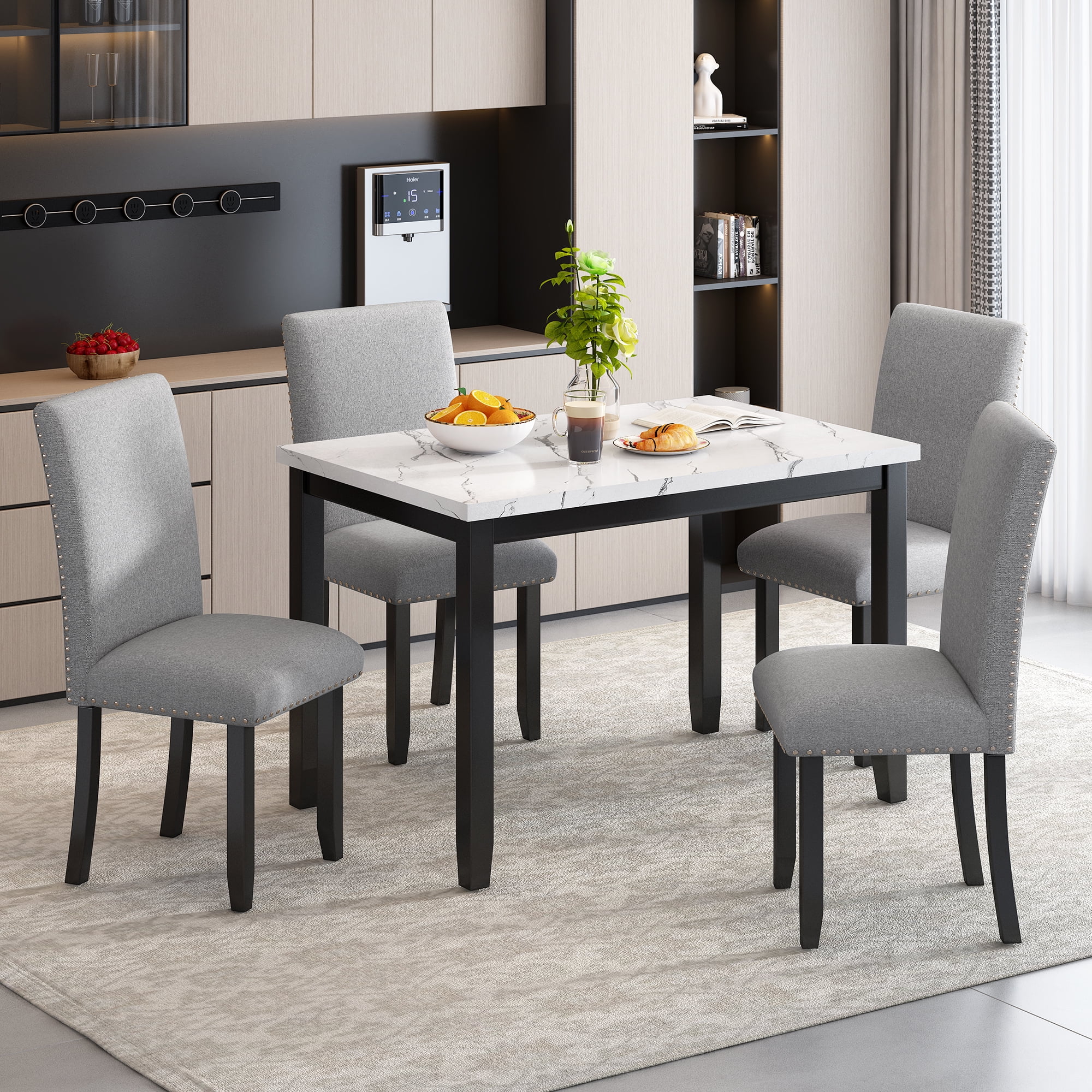 Harper & Bright Designs Upholstered Dining Table Set for 4, Rectangle ...
