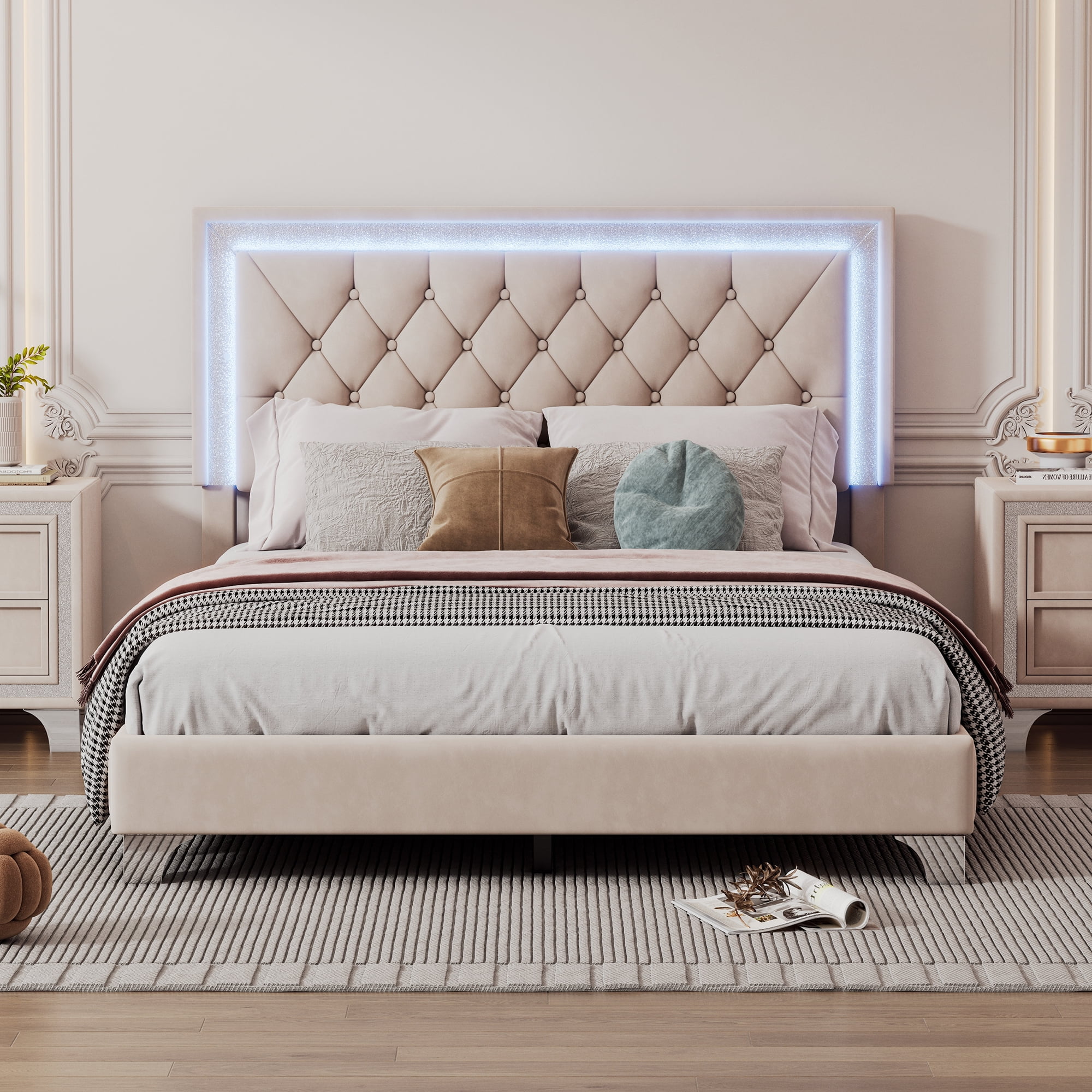 Harper & Bright Designs Velvet Upholstered LED Platform Bed, Full Size ...