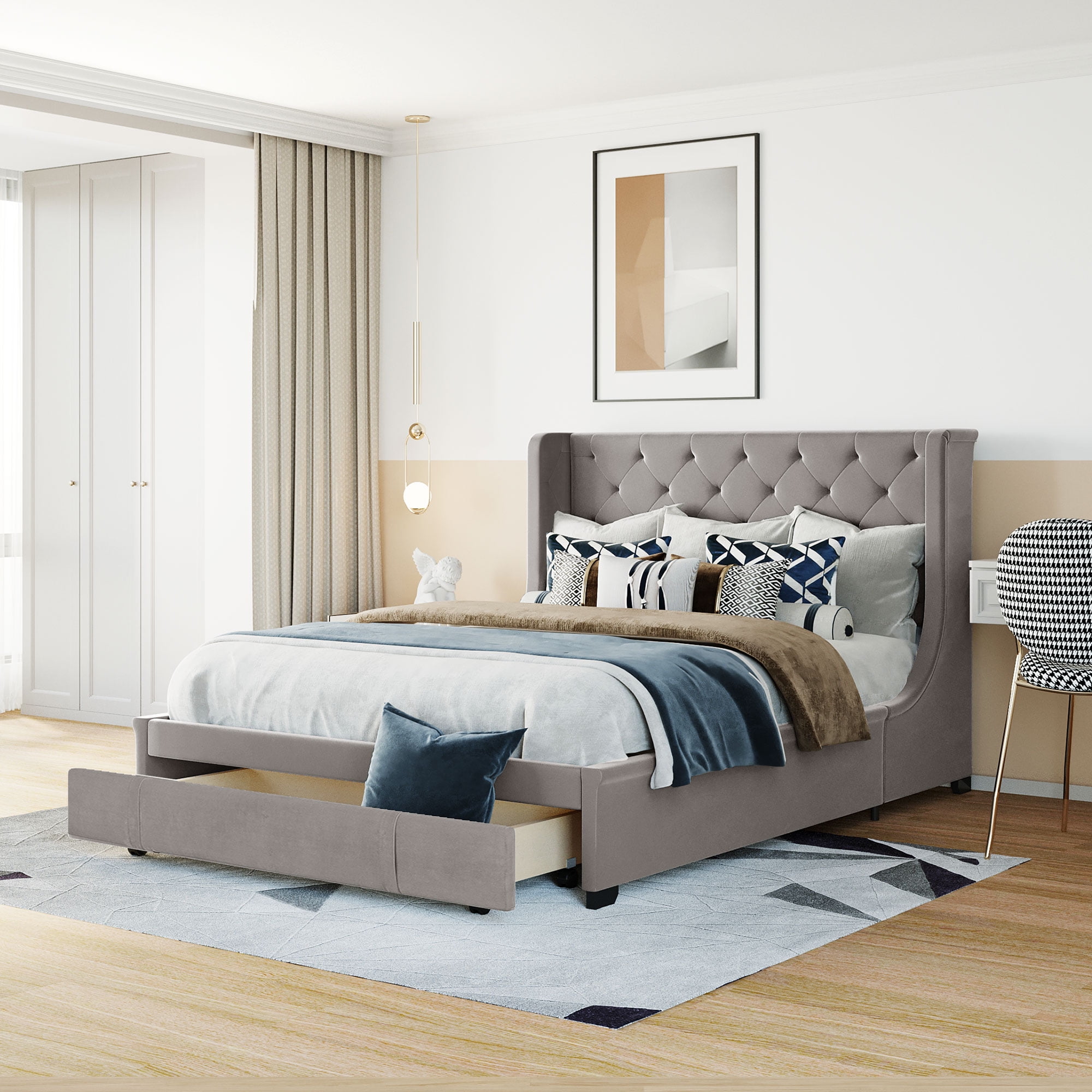 Harper & Bright Designs Wingback Platform Bed Queen Size, Velvet ...