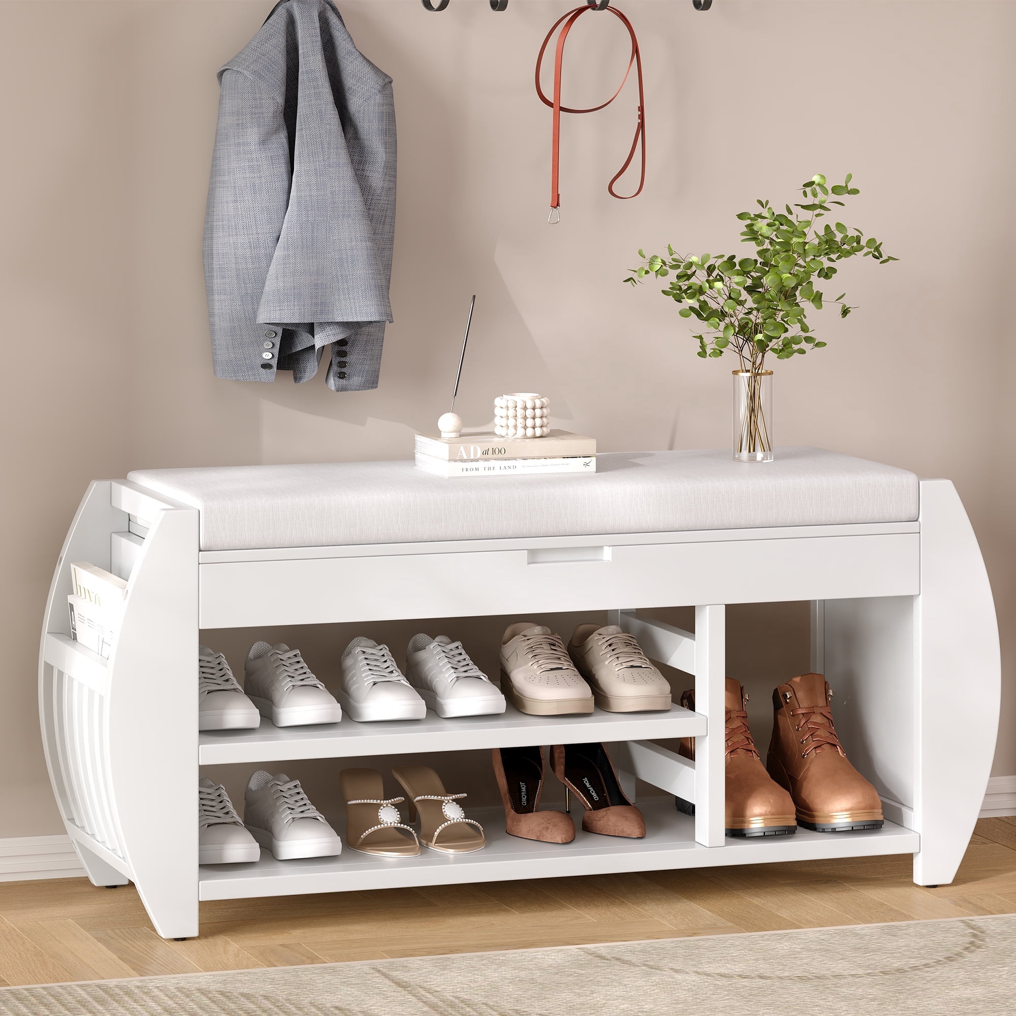 Harper & Bright Designs Wood Entryway Shoe Storage Bench with Cushion ...