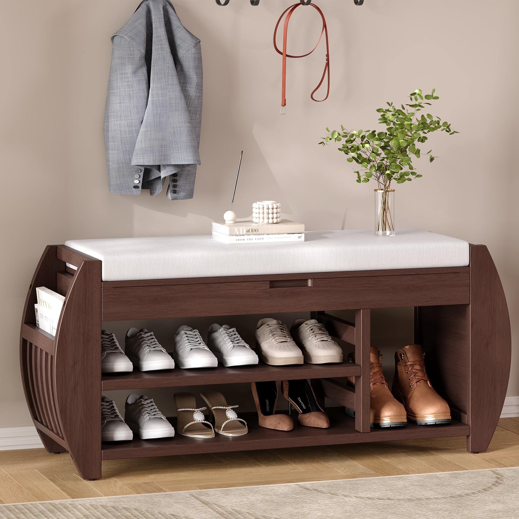 Harper & Bright Designs Wood Entryway Shoe Storage Bench with Cushion ...