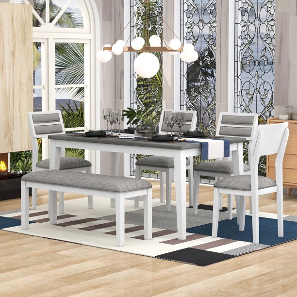 Churanty Wood Farmhouse 6 Pieces Dining Table Set with Bench, Rectangle ...