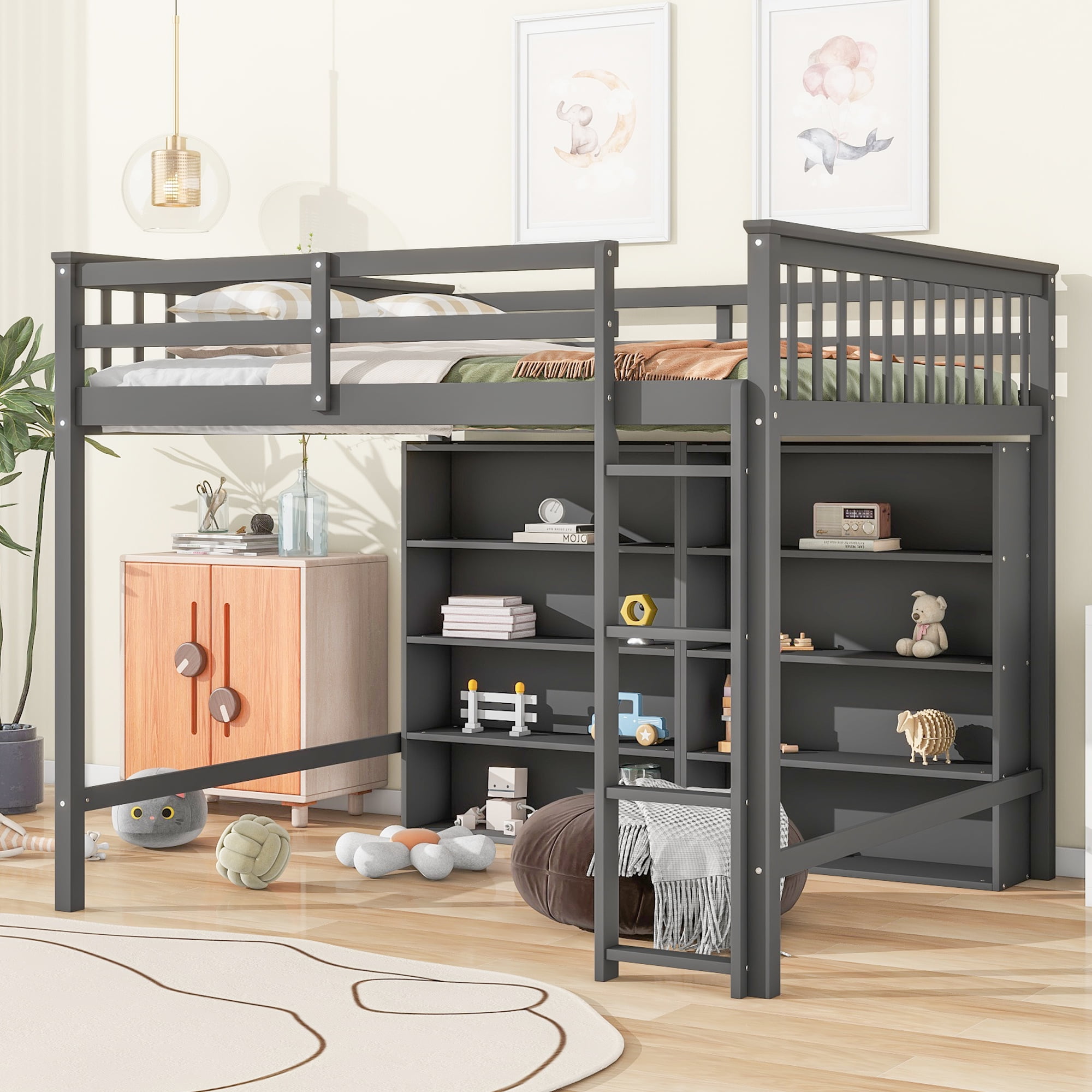 Churanty Full Size Wooden Loft Bed with 8 Open Shelves, Built-in ...