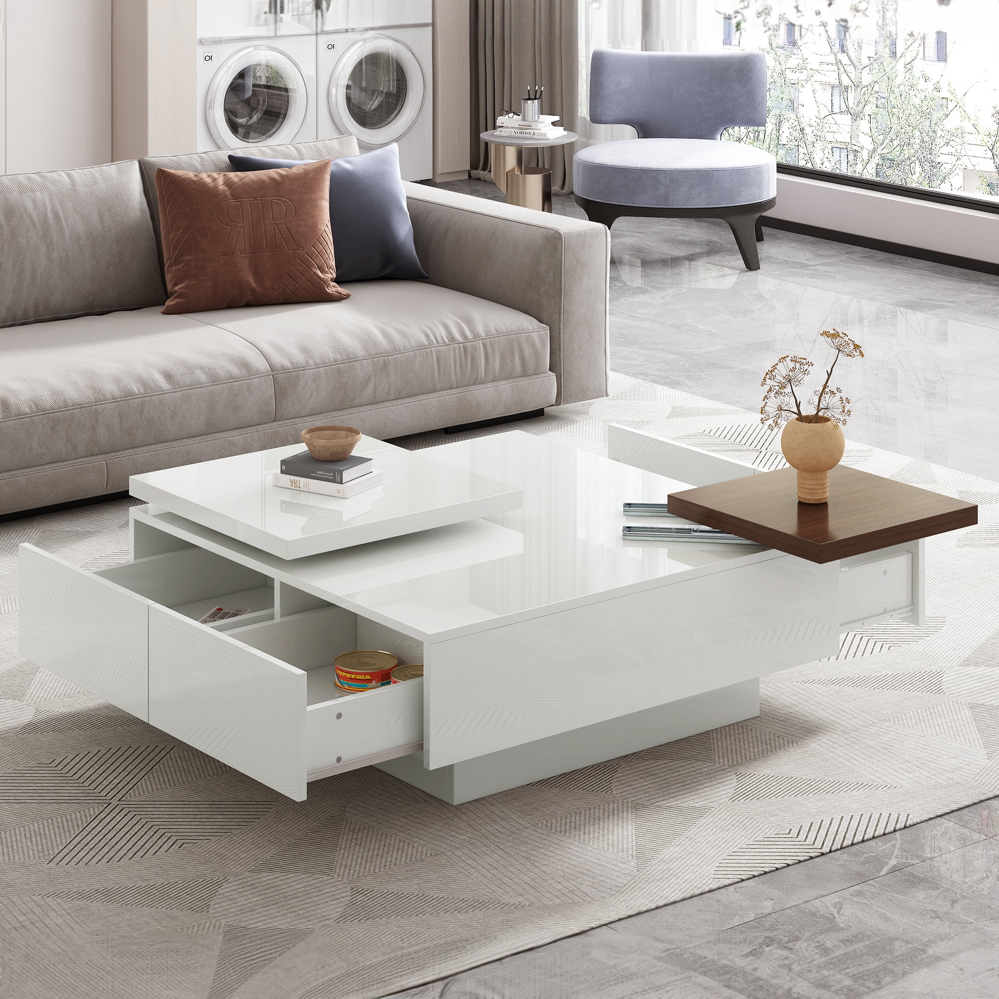 Harper & Bright Designs Wood Square Coffee Table with Movable Top ...