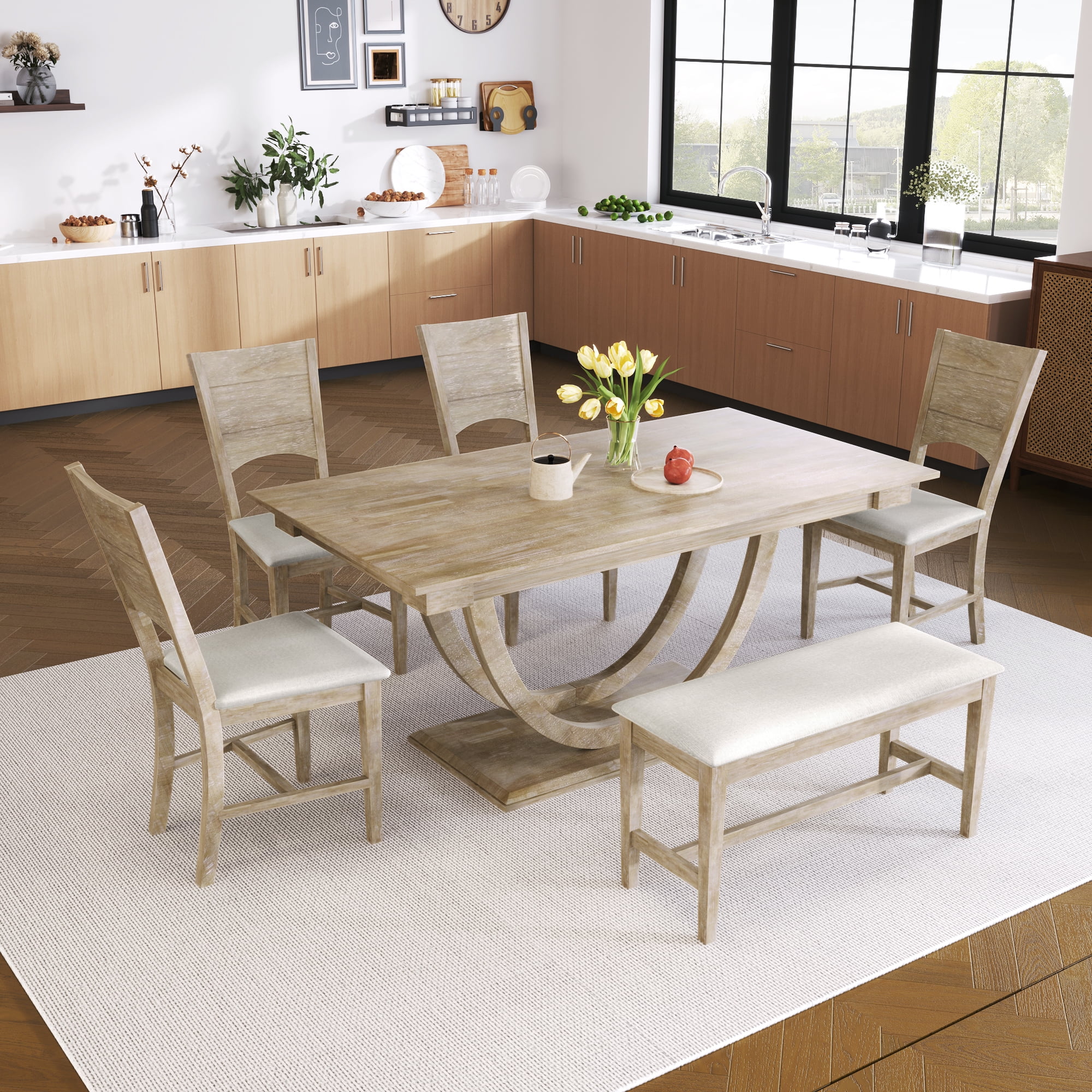 Harper & Bright Designs Wood Dining Table Set for 6, Rectangular ...