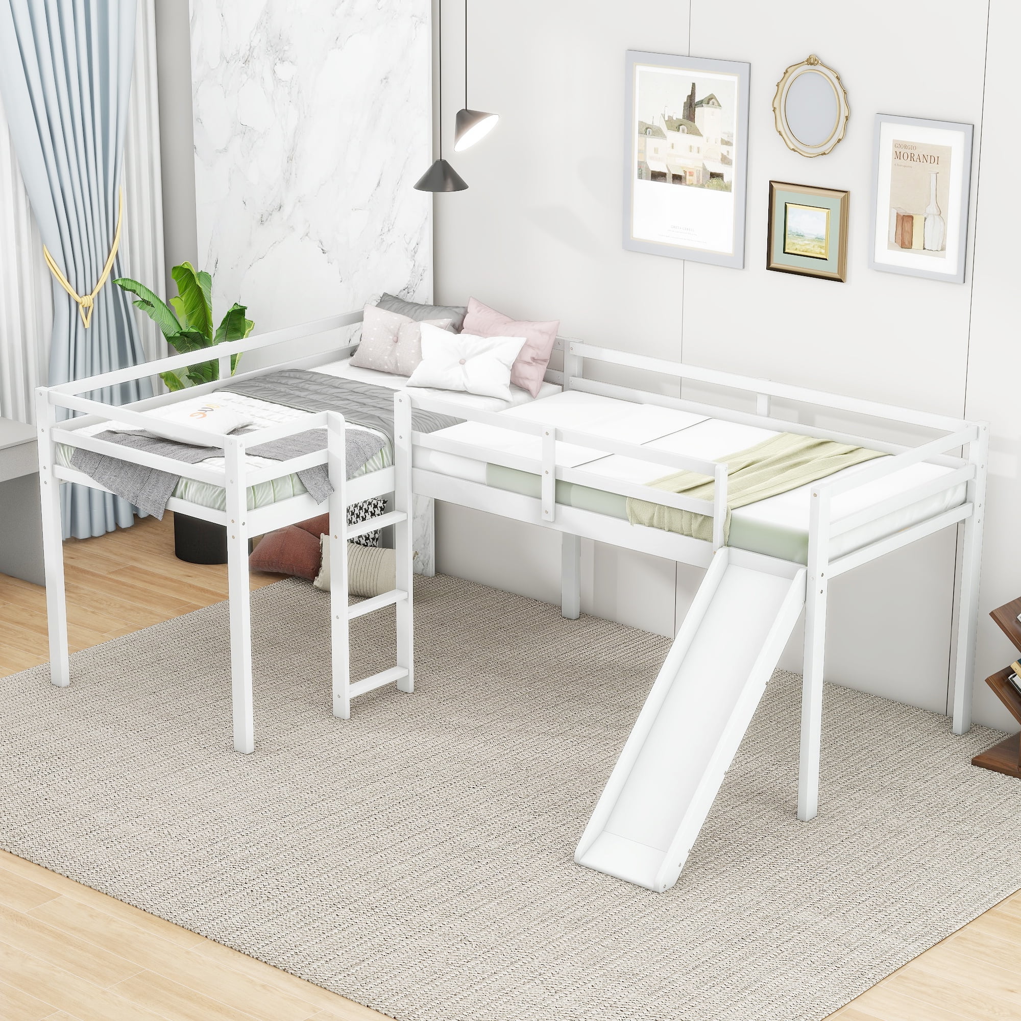 Churanty Wooden Twin Size Double Loft Bed with Slide, L Shaped Loft Bed ...