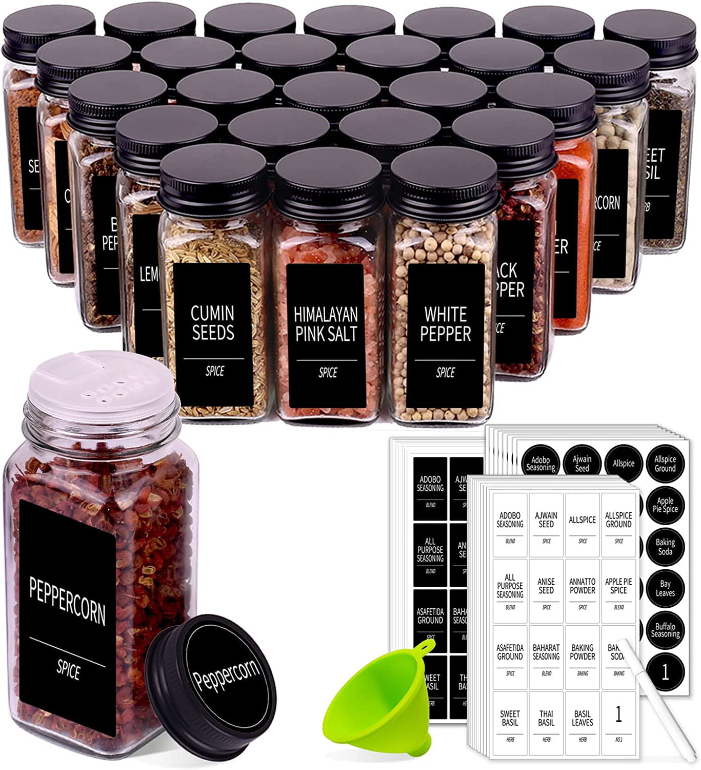 Churboro 25 Spice Jars with 547 Labels- Glass Spice Jars with Black ...