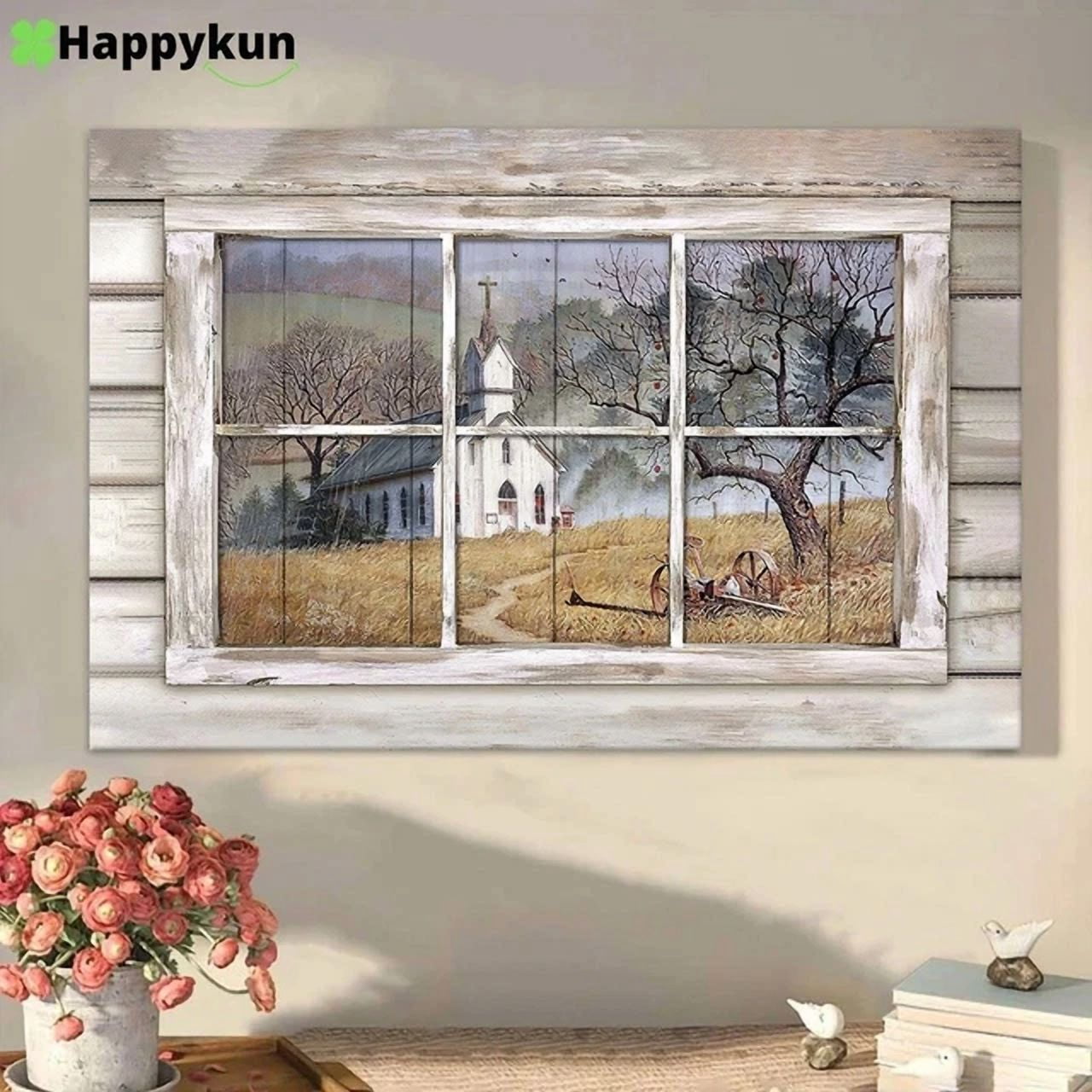 Church Country Church Through Rustic Window Yellow Meadow Poster Wall ...